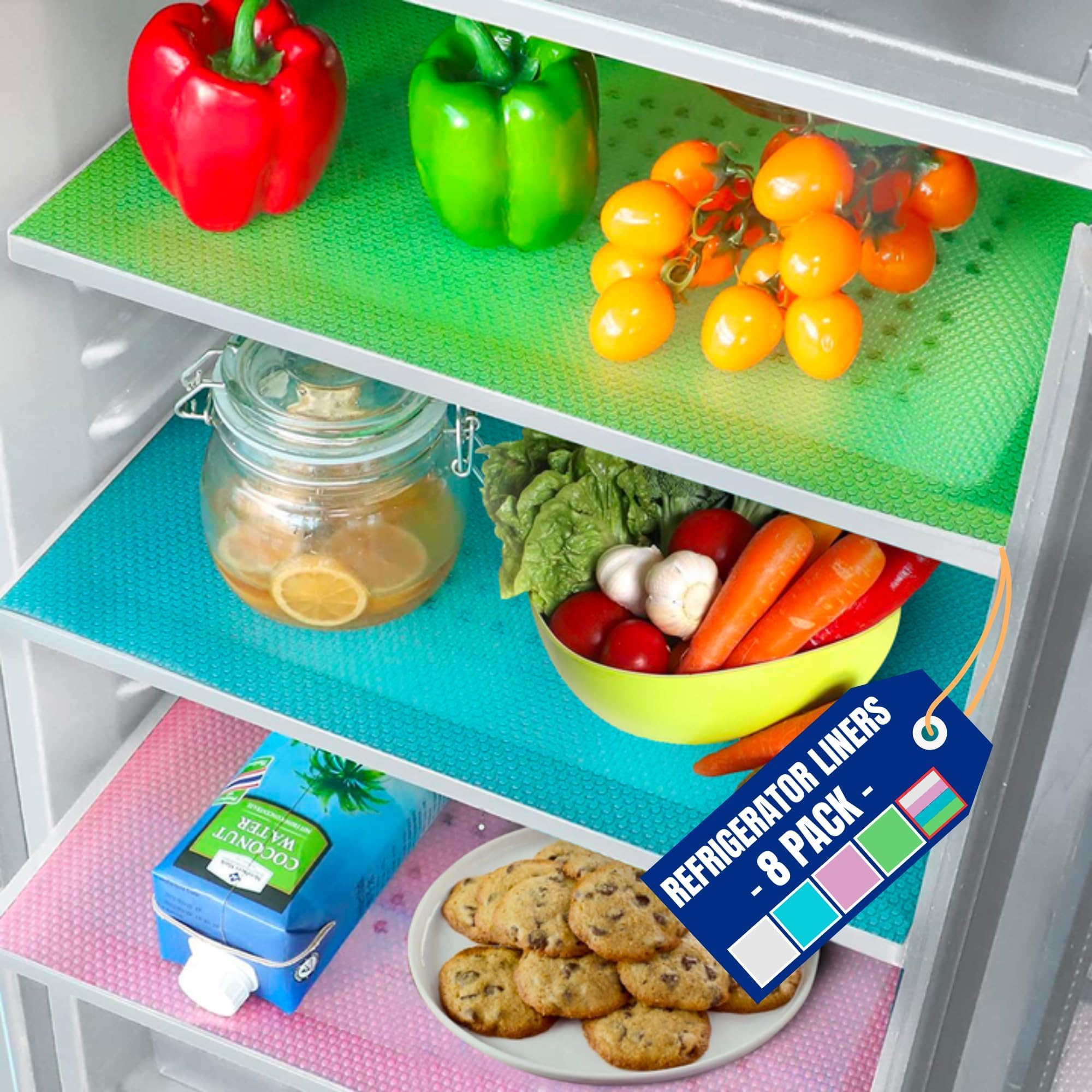 Refrigerator Liners for Shelves by Linda’s Essentials (8 Pack) - Refrigerator Shelf Liners for Glass Shelves Protects Against Spills - Multi-Use Shelf, Drawer and Fridge Liners - BPA Free