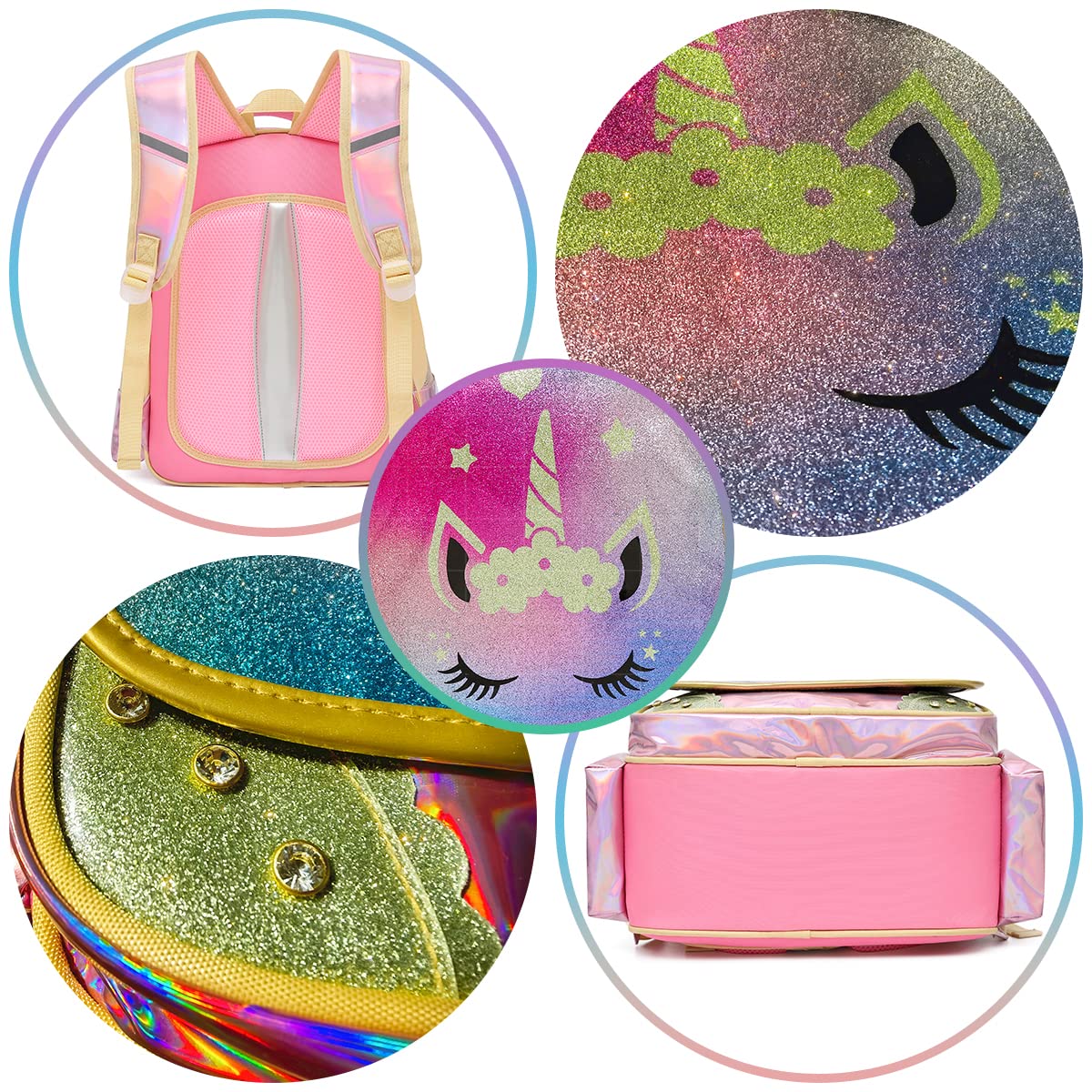 Moonmo Kids Backpack Girls School Backpack School Bag with Lunch Box Backpack for Girls for Elementary Preschool Bookbag (Pink Unicorn)
