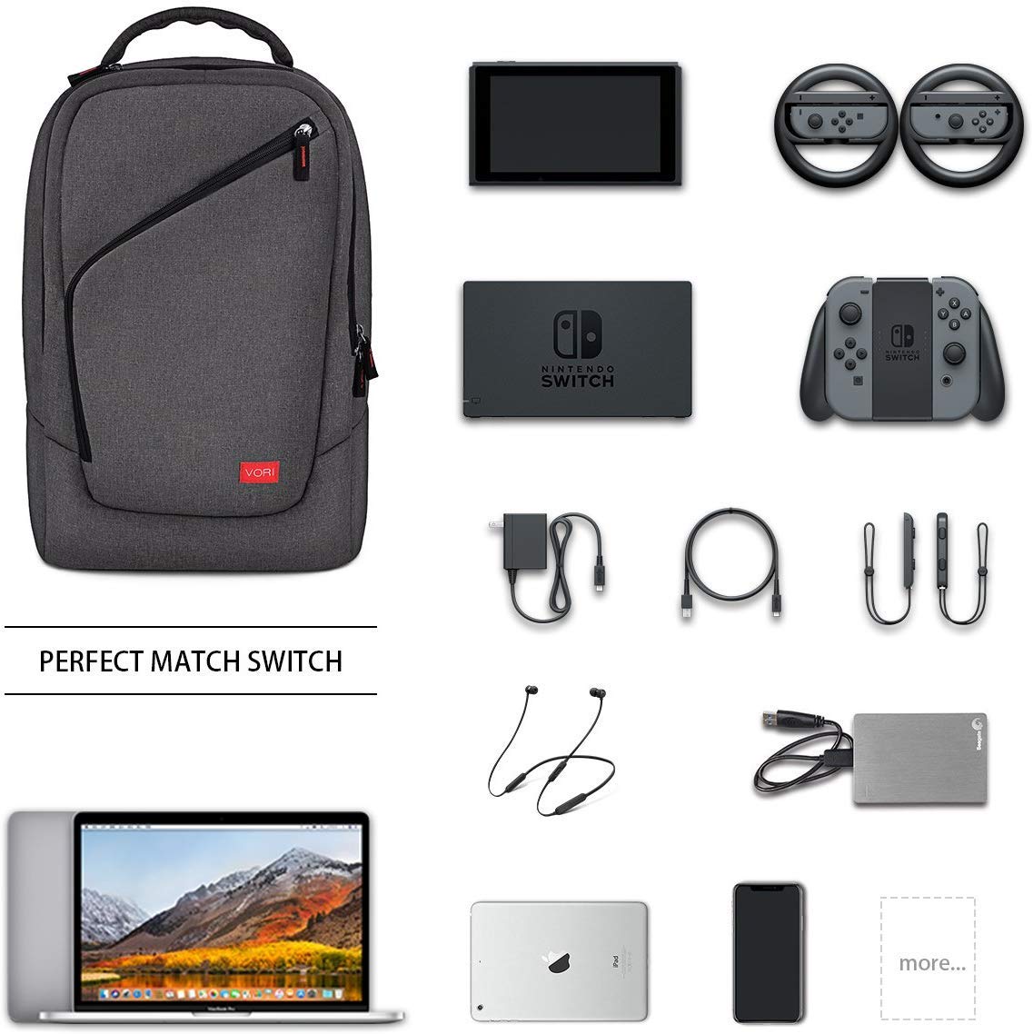 VORI Game Elite Traveling Backpack for Nintendo Switch and Switch OLED Model 2021, Portable Carrying Storage Bag for PS4 Slim and Xbox ONE, Protective Design for Home Storage and Travel, Grey
