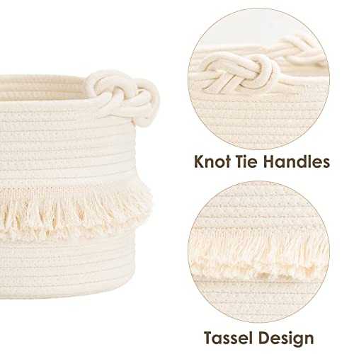 CherryNow Small Woven Storage Baskets Cotton Rope Decorative Hamper for Diaper, Blankets, Magazine and Keys, Cute Tassel Nursery Decor - Home Storage Container β 9.5'' x 7''