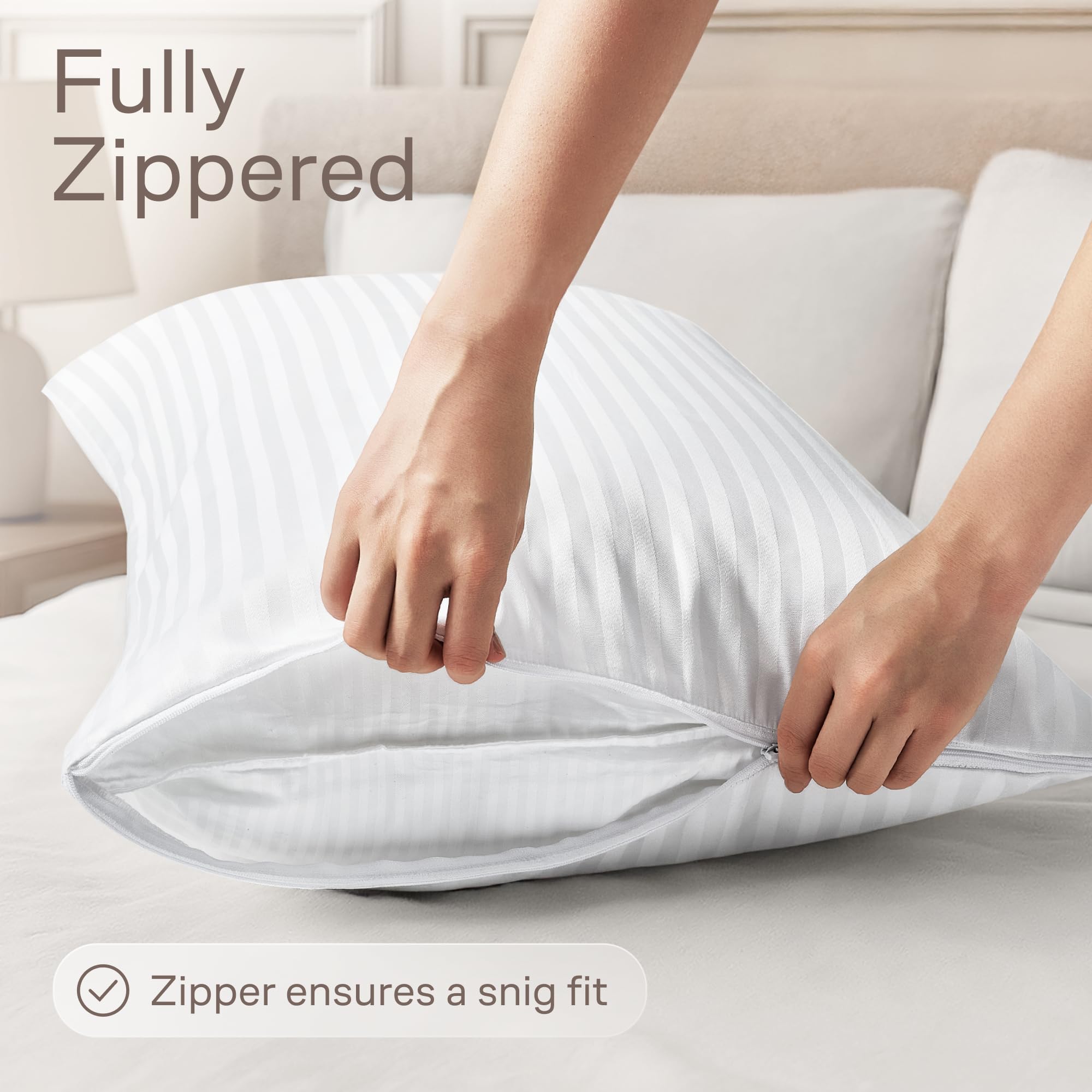Niagara Sleep Solution 4Pack Pillow Protectors Standard 20x26 Inches Cotton Sateen Blend Tight Weave Size High Thread Count Zippered White Hotel Quality Non Noisy