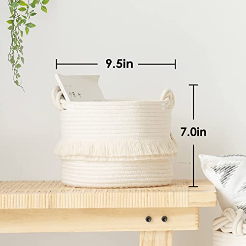CherryNow Small Woven Storage Baskets Cotton Rope Decorative Hamper for Diaper, Blankets, Magazine and Keys, Cute Tassel Nursery Decor - Home Storage Container β 9.5'' x 7''