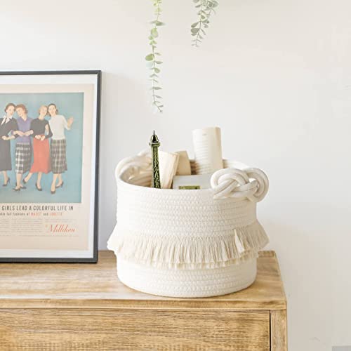 CherryNow Small Woven Storage Baskets Cotton Rope Decorative Hamper for Diaper, Blankets, Magazine and Keys, Cute Tassel Nursery Decor - Home Storage Container β 9.5'' x 7''