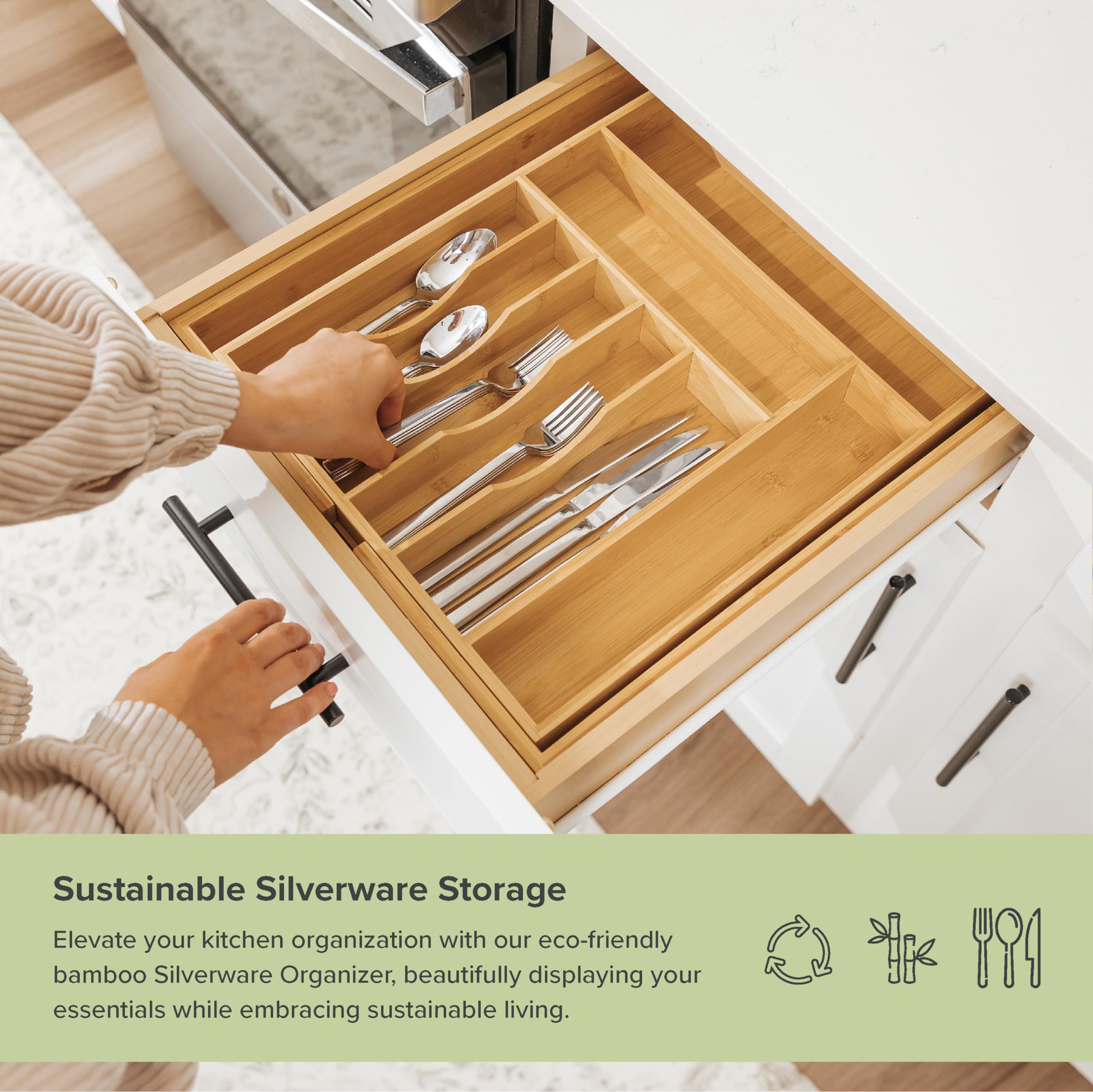 KitchenEdge Premium Silverware, Flatware and Utensil Organizer for Kitchen Drawers, Expandable to 25 Inches Wide, 10 Compartments, 100% Bamboo