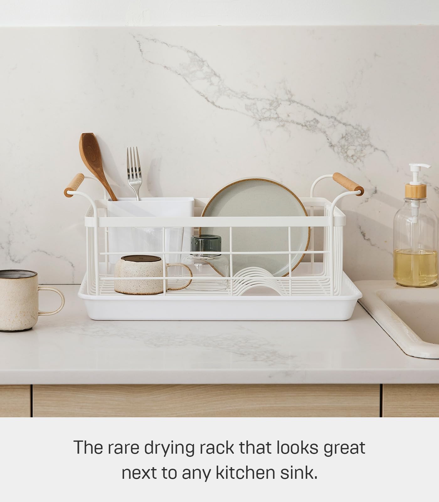 Yamazaki Home Sink Removeable Drainer Tray, Kitchen Drying Organizer Holder, One Size, White Steel + Wood | Dish Rack