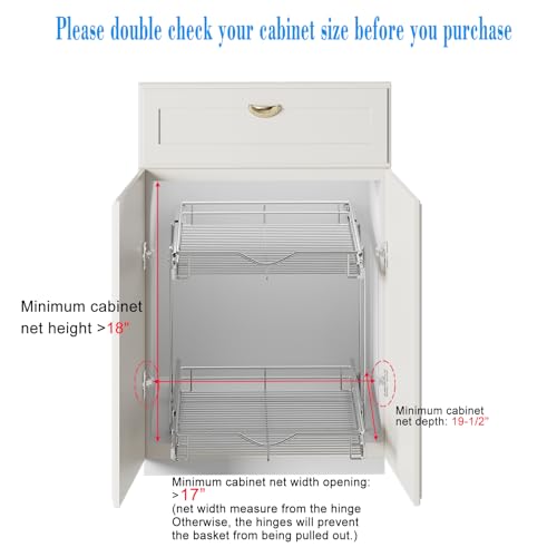 DINDON 2 Tier Pull Out Cabinet Organizer (17" W x 18" D) Heavy-Duty Metal Sliding Drawer Shelf, Two Tier Pull Out Shelves for Kitchen Cabinets, Pantry, Bathroom, Chrome Finish
