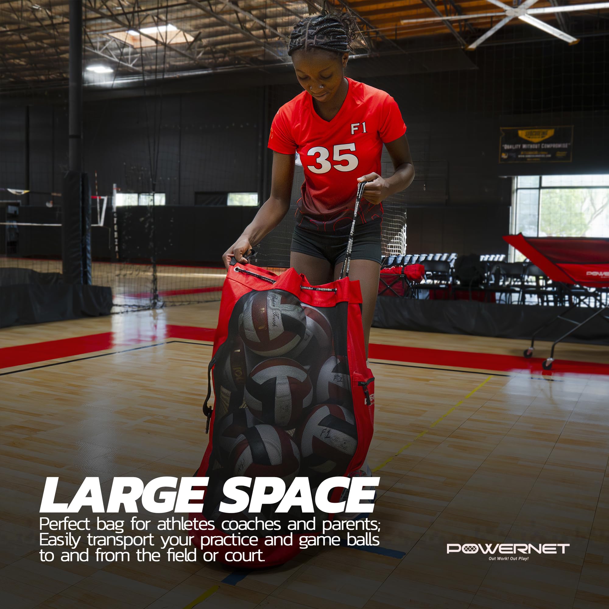 PowerNet Mesh Bag Ball Storage for Soccer, Football & Volleyball, Ball Bag with Exterior Valuables Pocket, Training Equipment Storage Ideal for Teams and Coaches