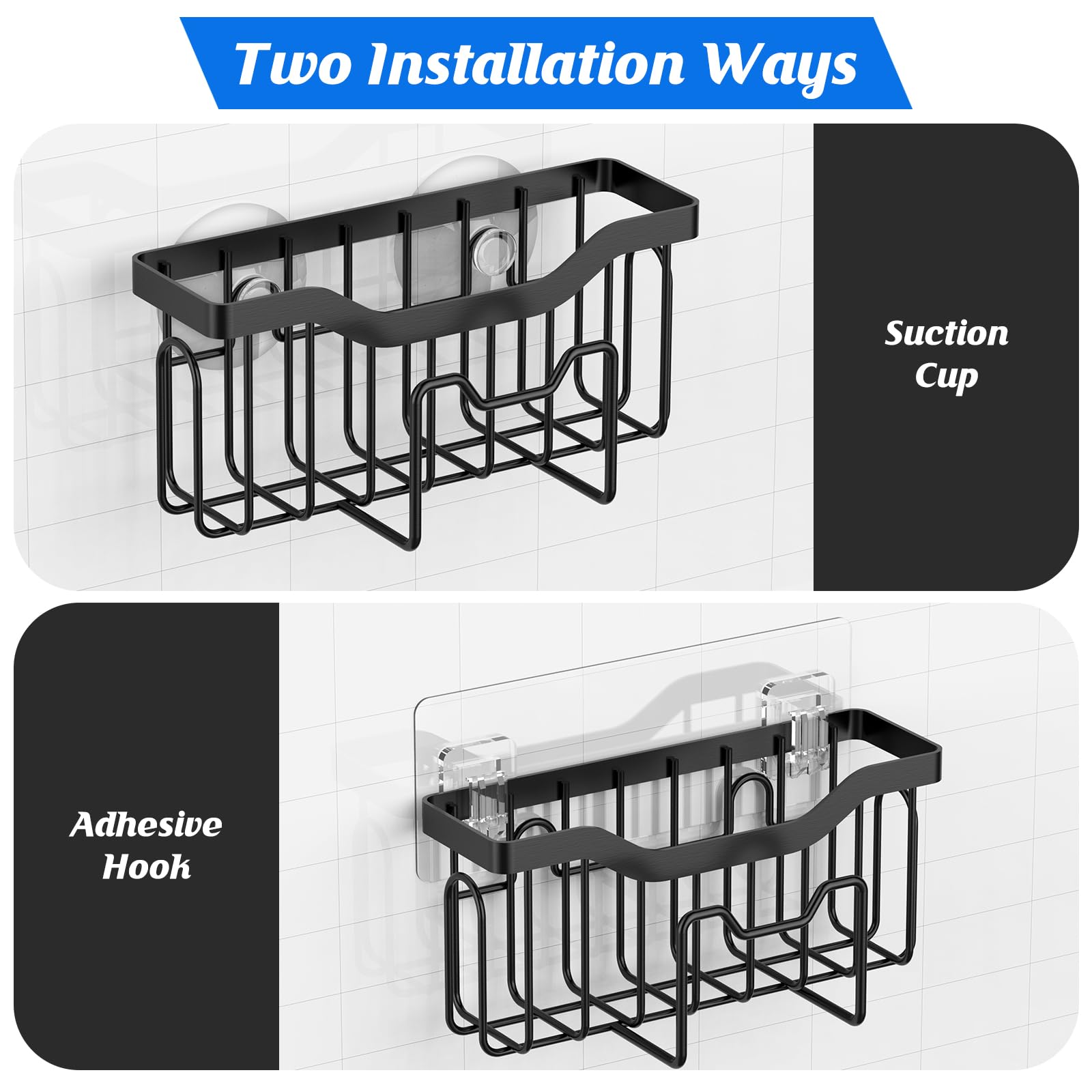 Utobao Sponge Holder for Kitchen Sink, Kitchen Sink Caddy Organizer for Dish Soap Scrub Brush Sink Stopper, in Sink Basket SUS304 Stainless Steel, No Drilling with Adhesive 2 Hanging Way-Black