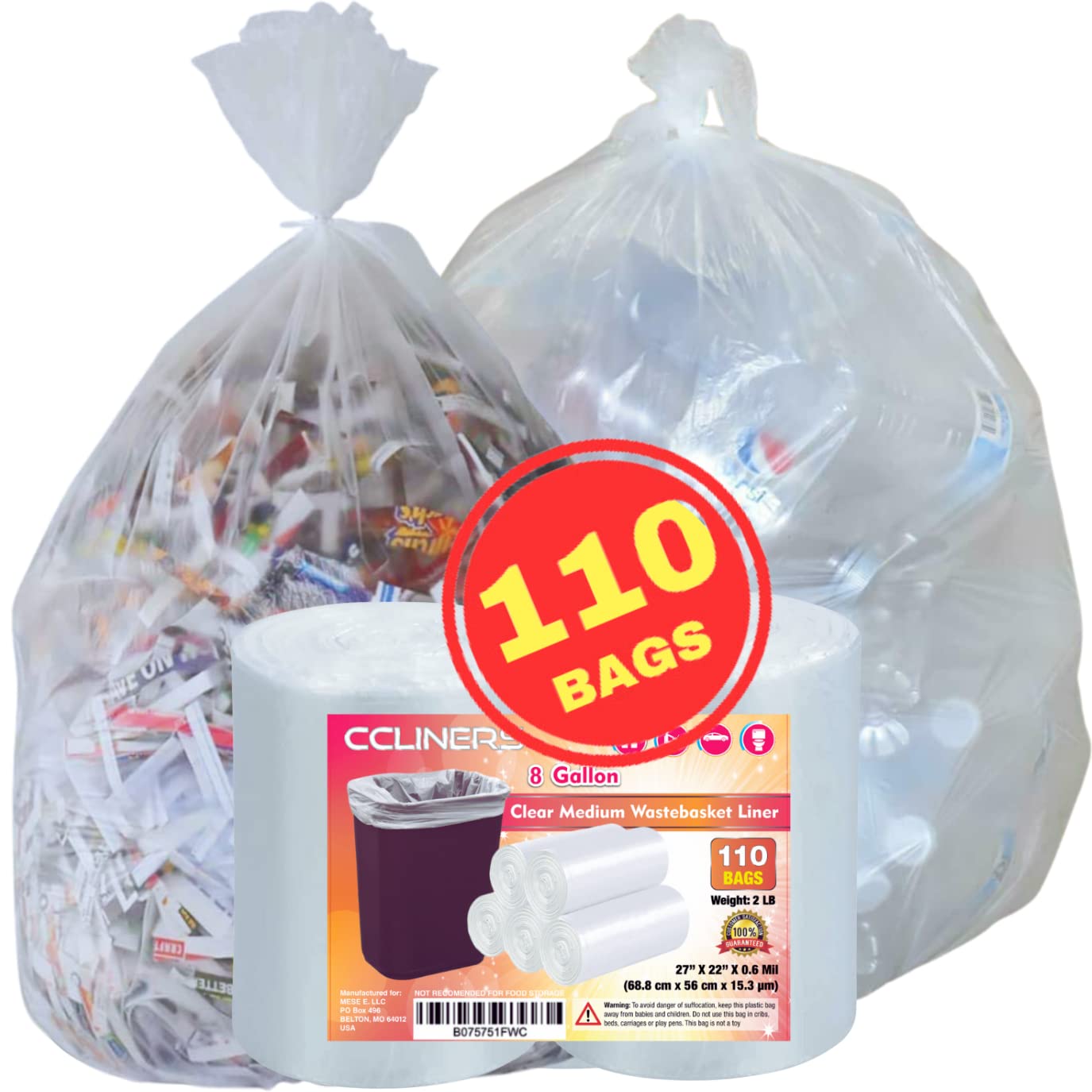8 Gallon Medium Clear Trash Bags (110 Bags) Unscented 6 Gal 7 Gal Office Garbage Bags Small Paper Shredder Bags Plastic Wastebasket Trash Can Liners (110 Count)