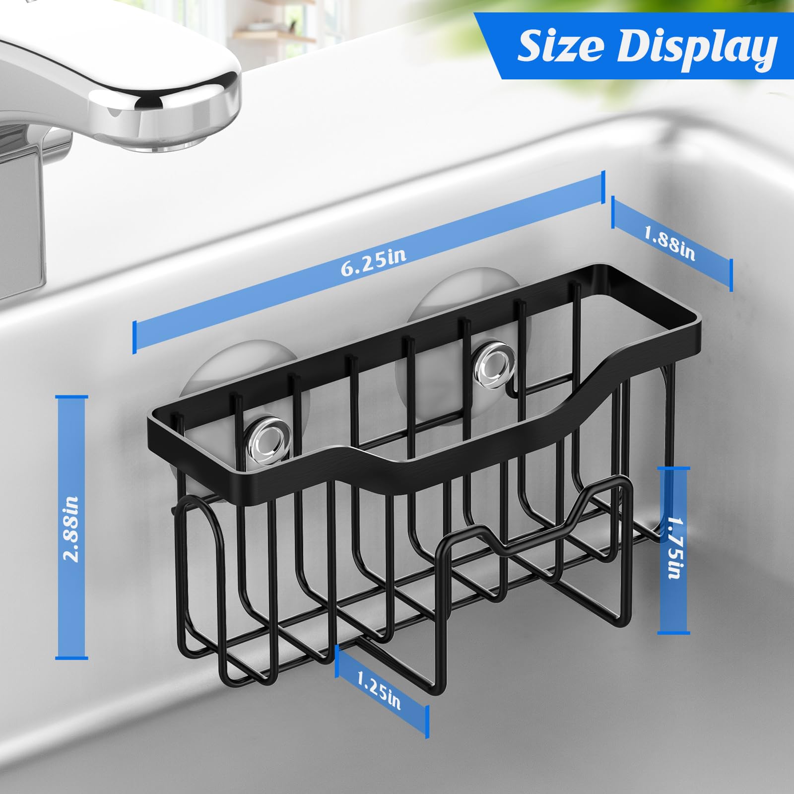 Utobao Sponge Holder for Kitchen Sink, Kitchen Sink Caddy Organizer for Dish Soap Scrub Brush Sink Stopper, in Sink Basket SUS304 Stainless Steel, No Drilling with Adhesive 2 Hanging Way-Black