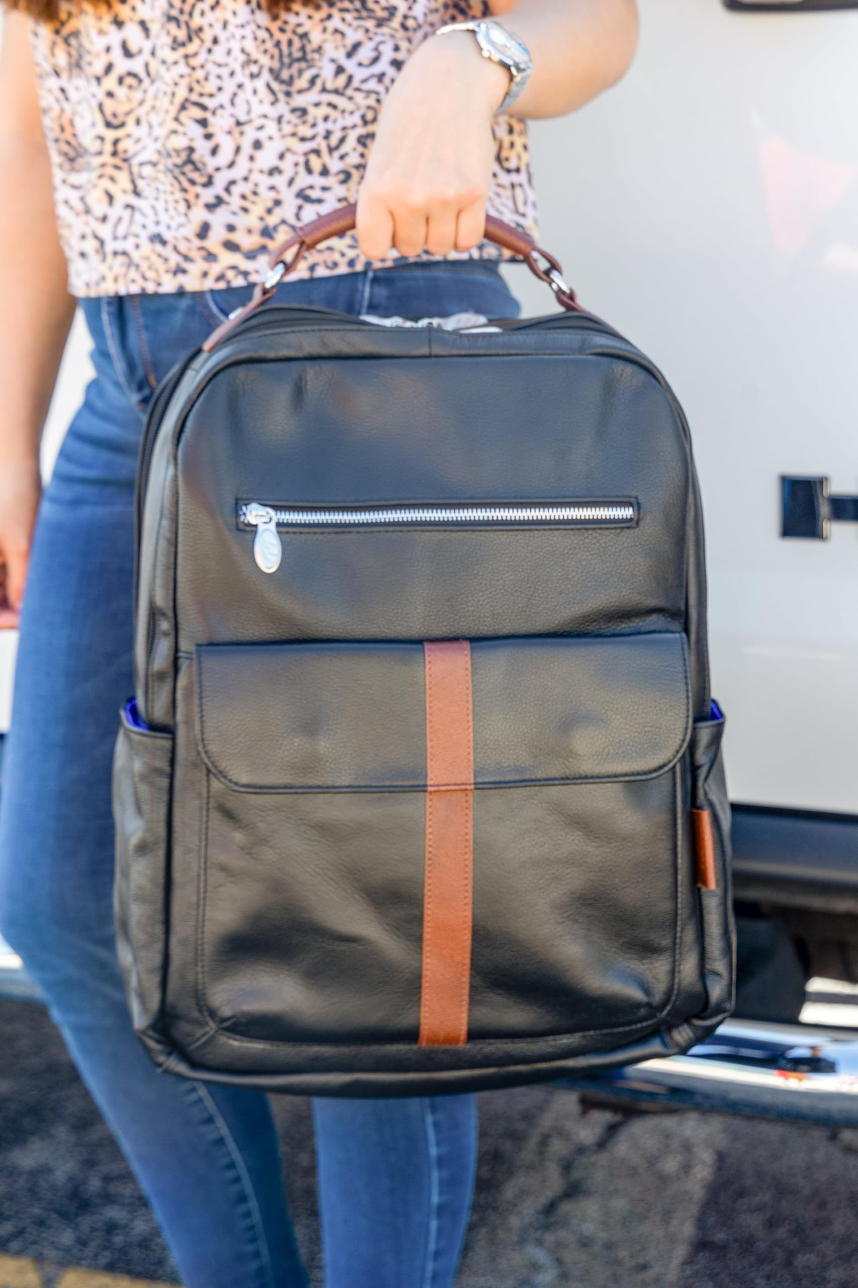 McKleinUSA Logan Pebble Grain Calfskin Leather 17" Leather Two-Tone Dual-Compartment Laptop & Tablet Backpack Black (19082)
