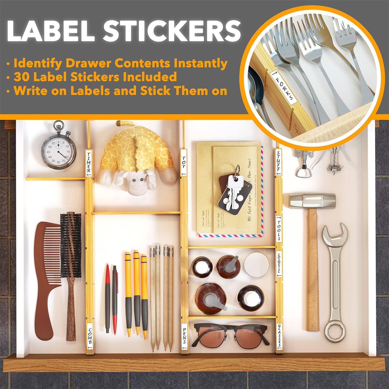 SpaceAid Bamboo Drawer Dividers with Inserts and Labels, Kitchen Adjustable Drawer Organizers, Expandable Organization for Home, Office, Dressers, 4 Dividers with 9 Inserts (17-22 in)