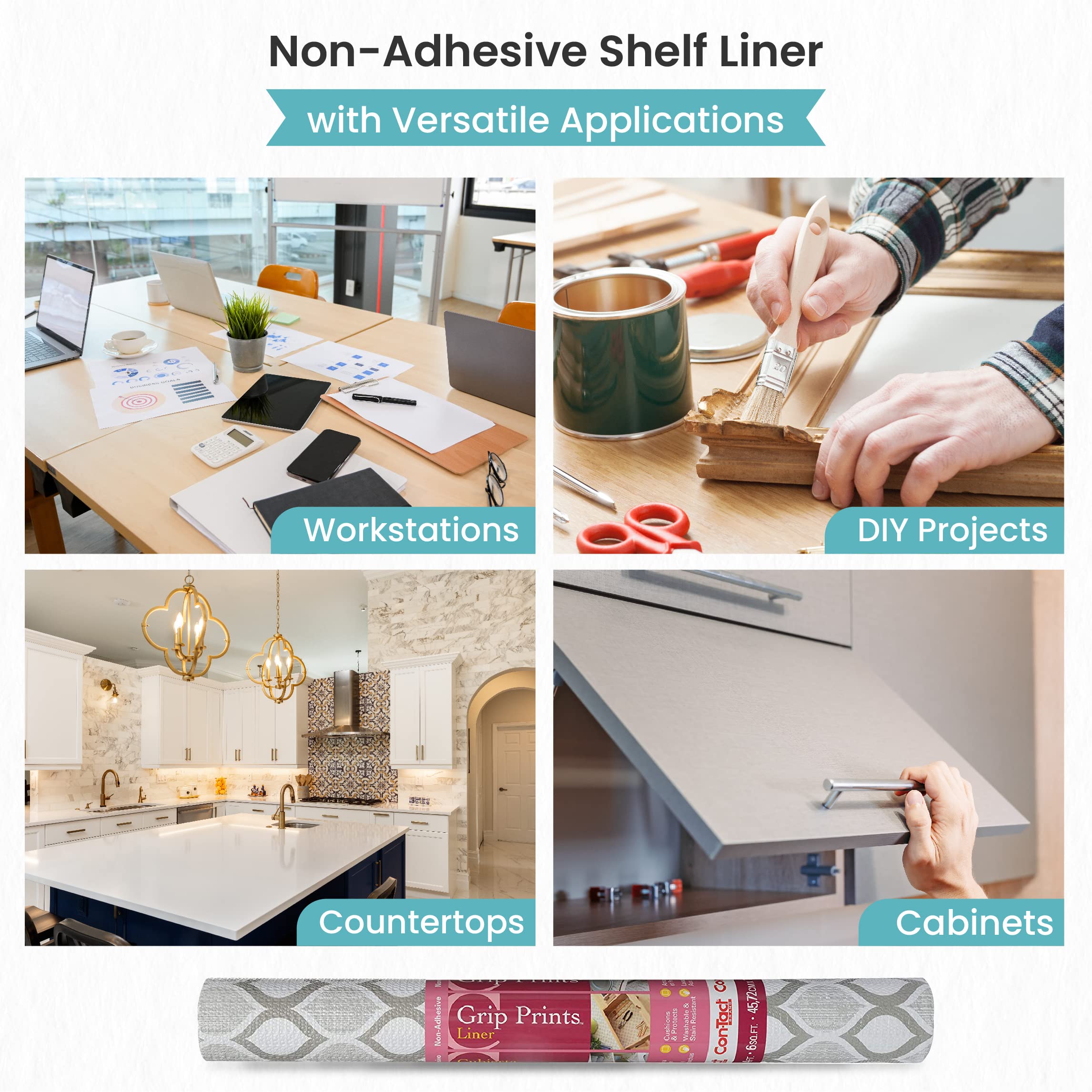 Con-Tact Brand Grip Prints Durable Adhesive Non-Slip Shelf and Drawer Liner, 18" x 4', Savoy Stone