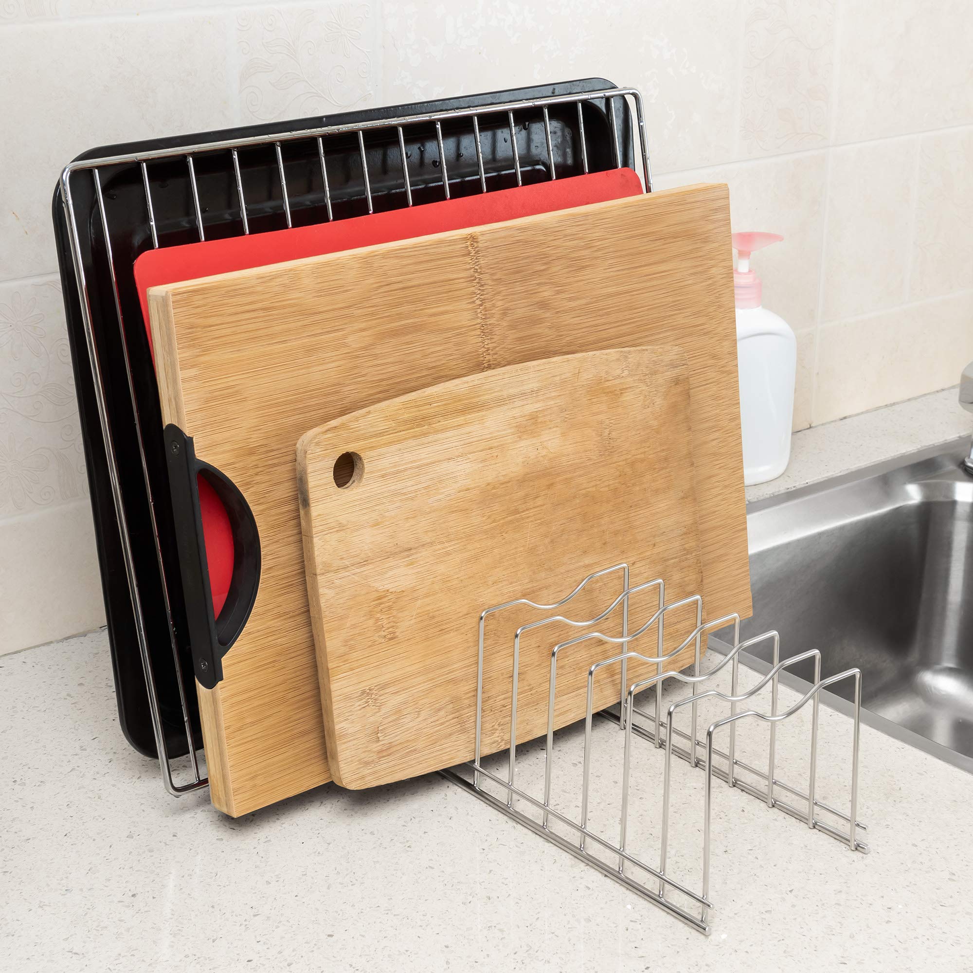 Slideep Pot Lid Holder Pan Lid Organizer Rack Cupboard Organizer Rack, Kitchen Organizer Rack for Pot Lids, Plates, Cutting Boards, Bakeware, Cooling Rack, Serving Trays, Stainless Steel, Pack of 2