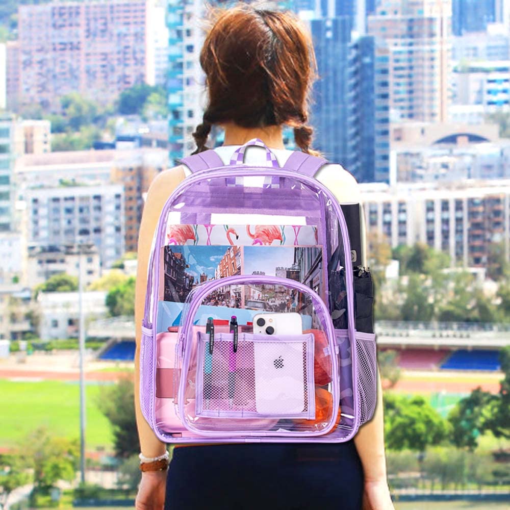 Clear Backpack for Women and Men, Heavy Duty PVC Backpacks, See Through Transparent Bookbag - Purple