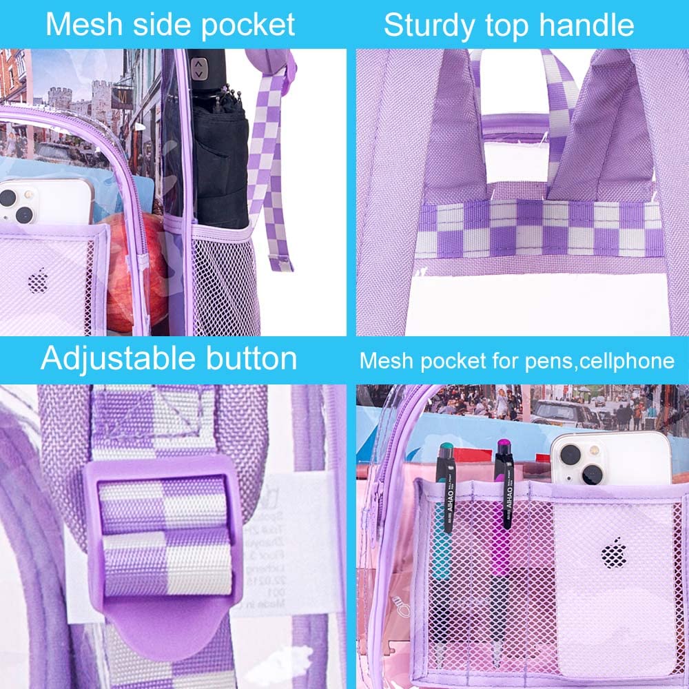Clear Backpack for Women and Men, Heavy Duty PVC Backpacks, See Through Transparent Bookbag - Purple