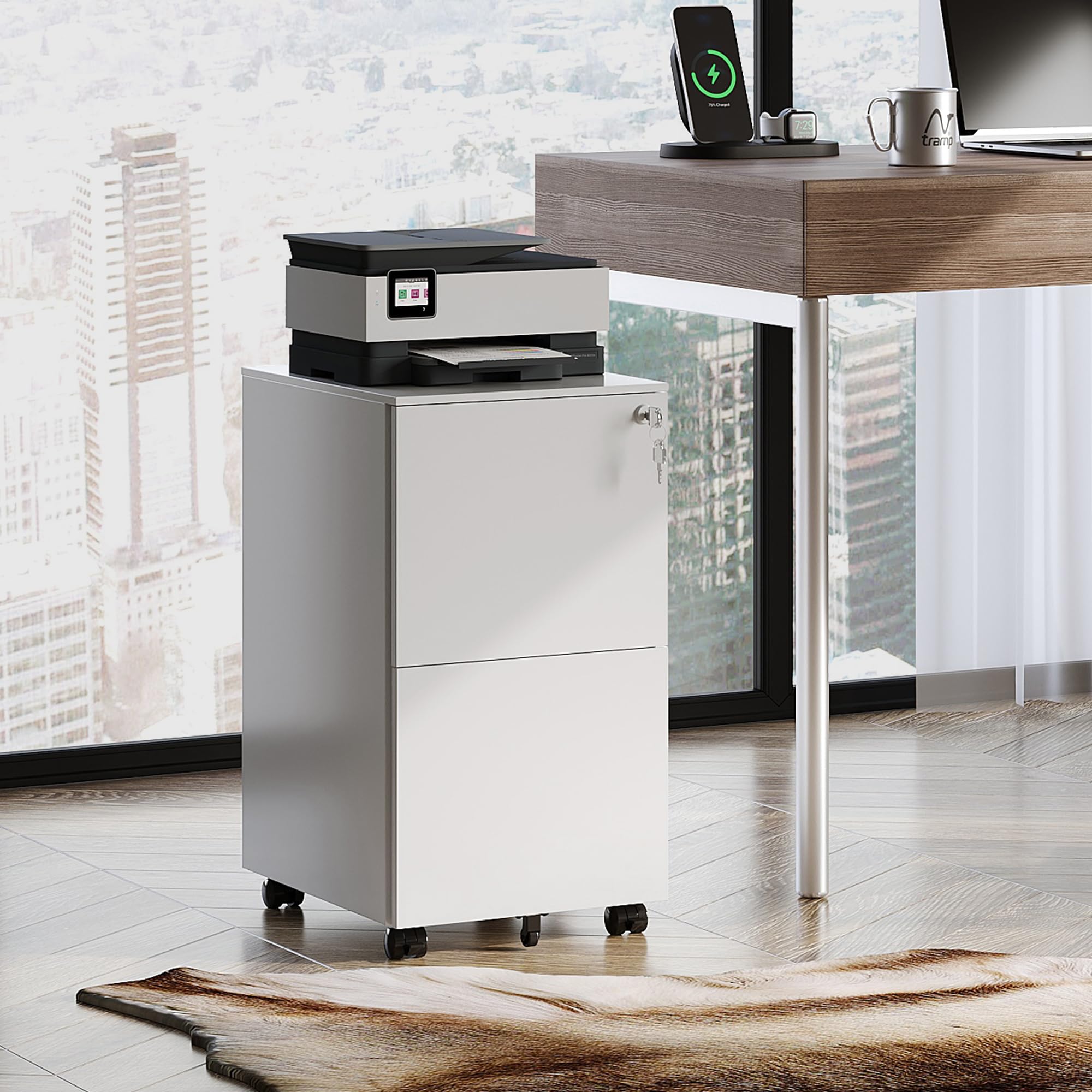 DEVAISE 2-Drawer Mobile File Cabinet with Lock, Commercial Vertical Cabinet in White