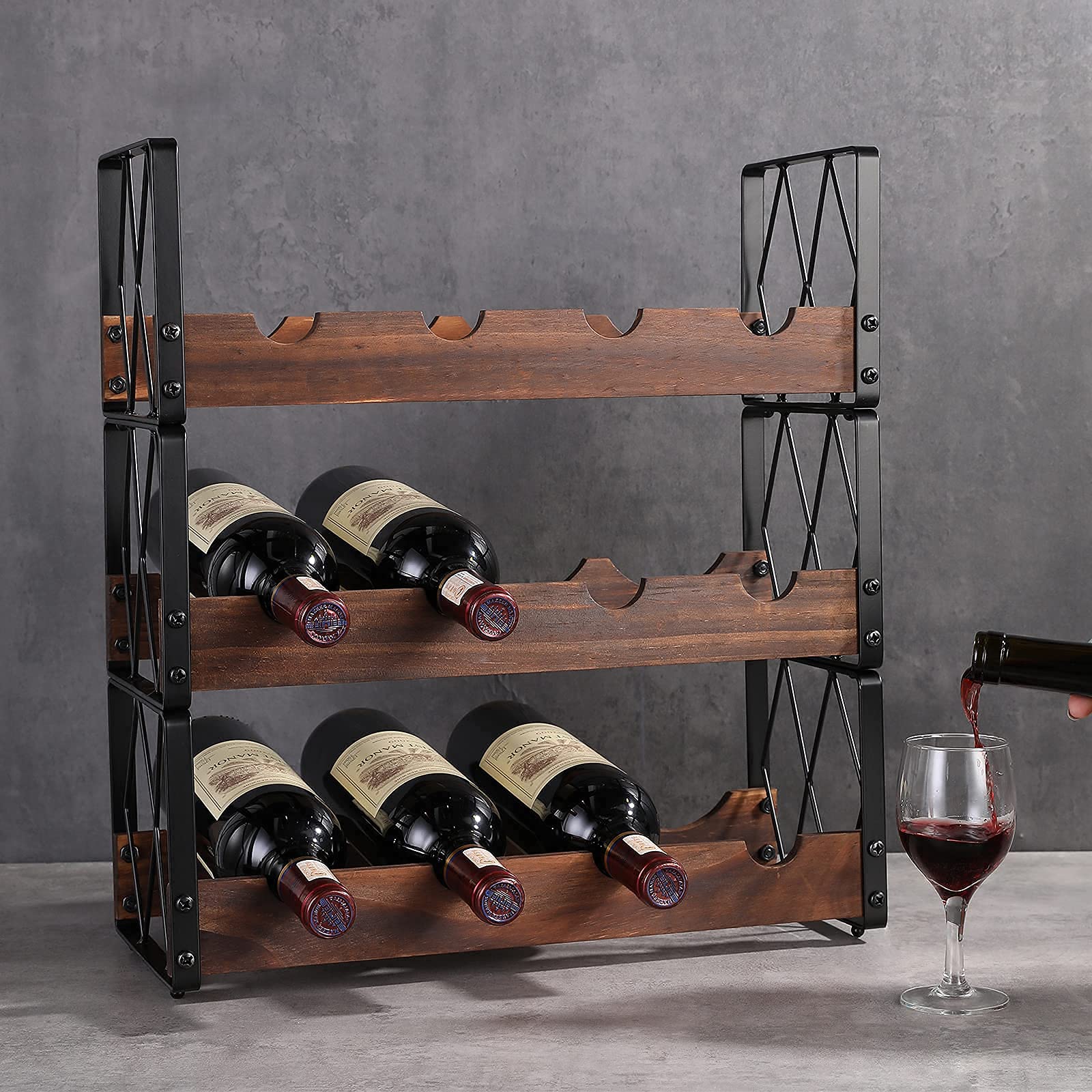 RedCall Wine Rack Freestanding,3 Tier Stackable Wine Bottle Holder Organizer,12 Bottles Wine Storage Shelf,Liquor Rack for Countertop,Solid Wood & Iron Rustic Style Liquor Cabinet