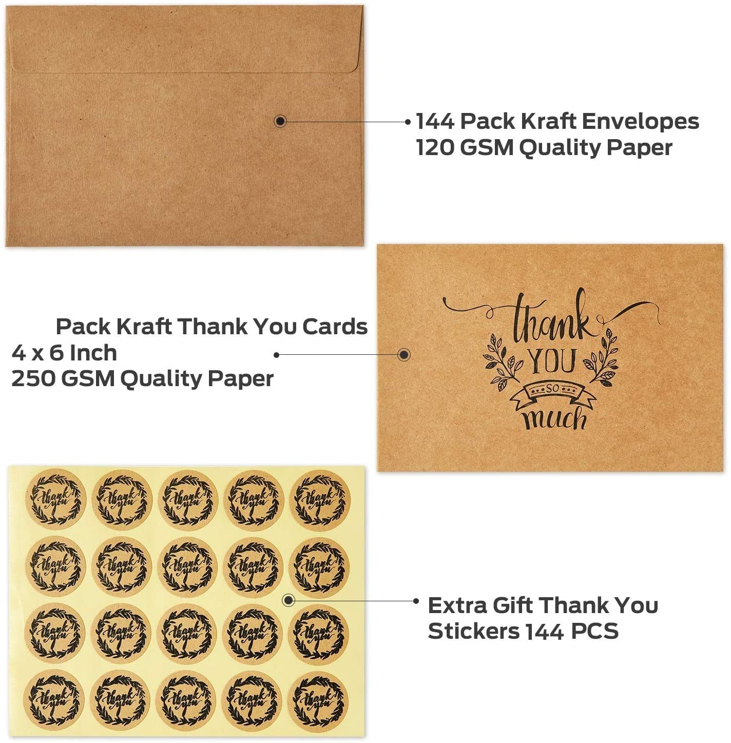 144 Bulk Thank You Cards with Self-Seal Envelopes, Brown Kraft Thank You Notes Box Set with Elegant 8 Designs Greeting Card for Wedding, Business, Birthday, Baby Shower, Blank Inside, 4 x 6 Inch