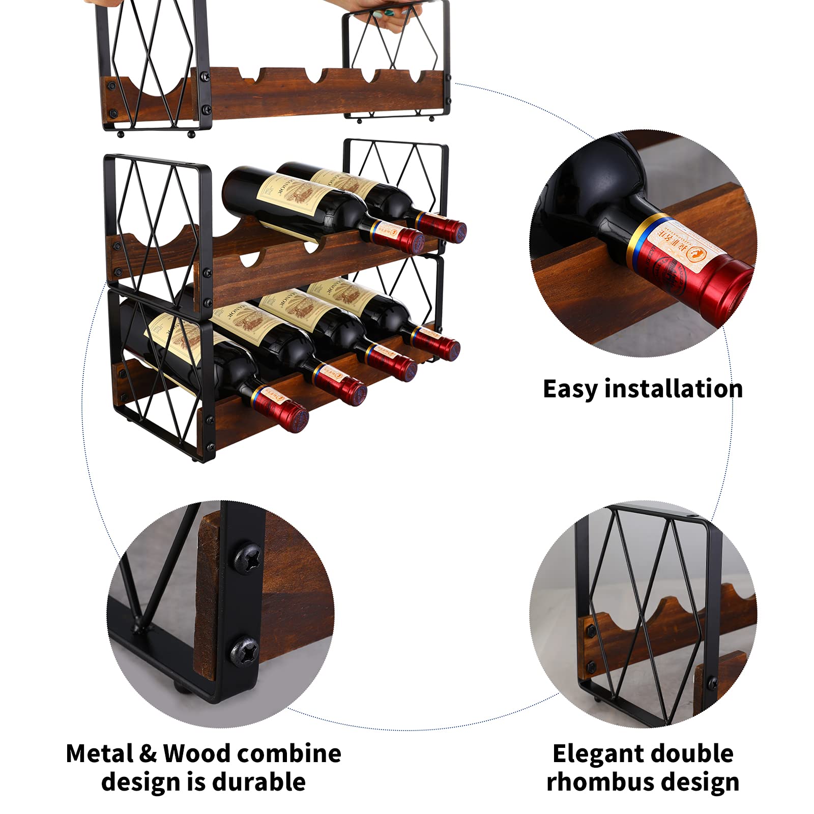 RedCall Wine Rack Freestanding,3 Tier Stackable Wine Bottle Holder Organizer,12 Bottles Wine Storage Shelf,Liquor Rack for Countertop,Solid Wood & Iron Rustic Style Liquor Cabinet