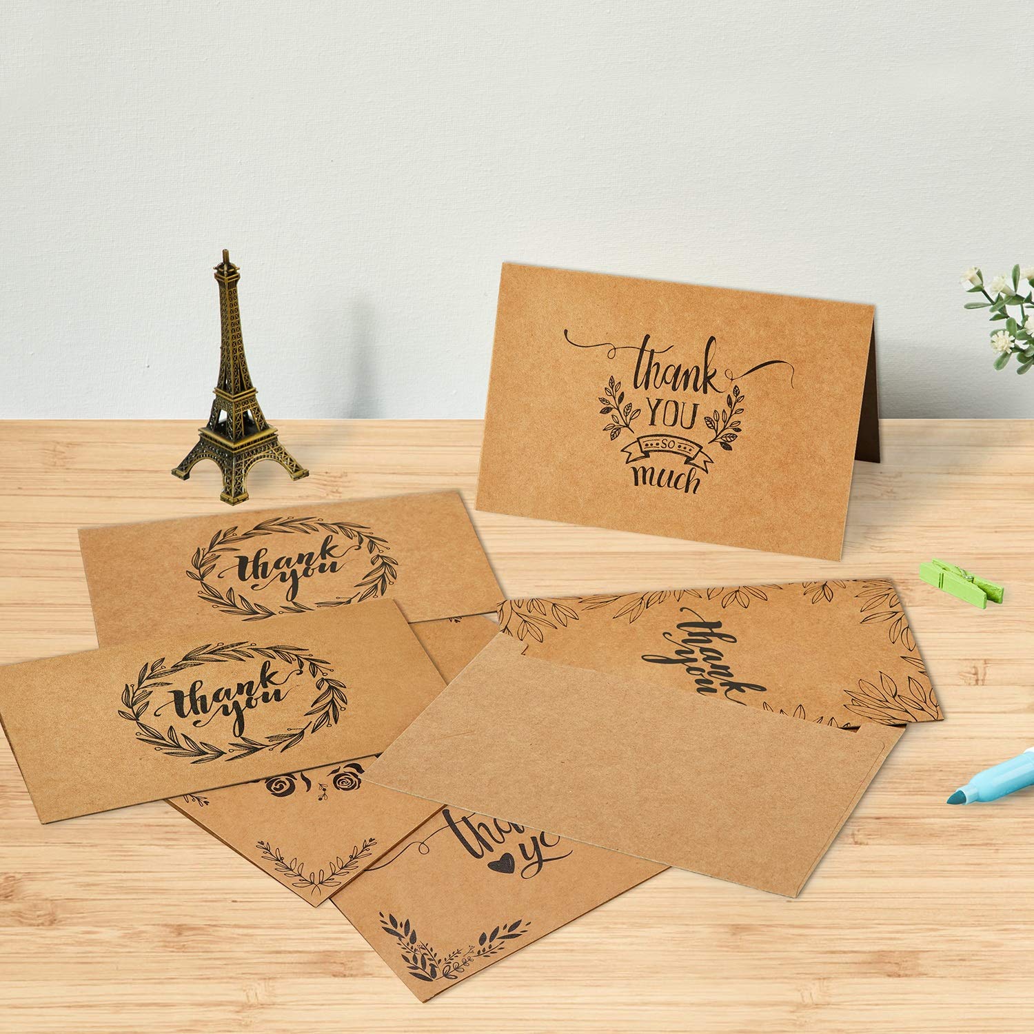144 Bulk Thank You Cards with Self-Seal Envelopes, Brown Kraft Thank You Notes Box Set with Elegant 8 Designs Greeting Card for Wedding, Business, Birthday, Baby Shower, Blank Inside, 4 x 6 Inch
