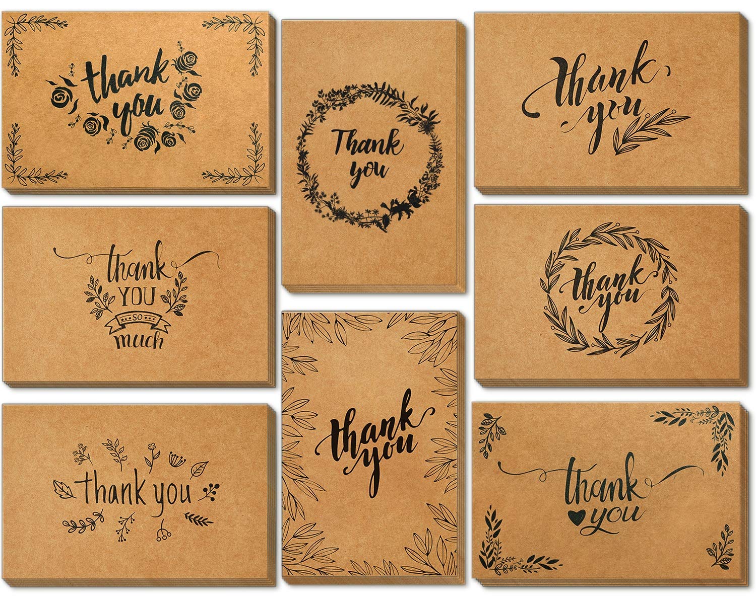 144 Bulk Thank You Cards with Self-Seal Envelopes, Brown Kraft Thank You Notes Box Set with Elegant 8 Designs Greeting Card for Wedding, Business, Birthday, Baby Shower, Blank Inside, 4 x 6 Inch