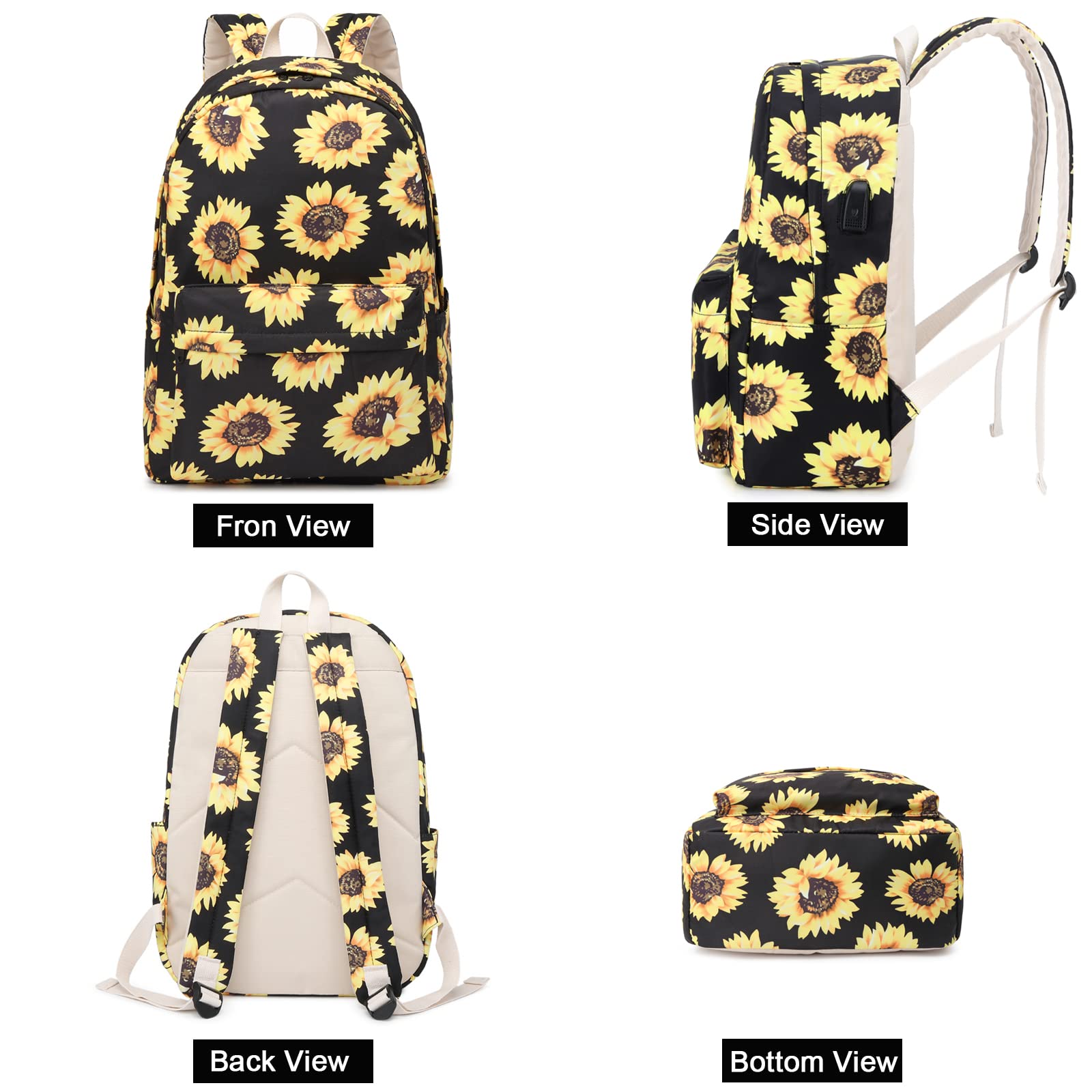EZYCOK School Bookbag for College Girls Women, Water Resistant Laptop Backpack Casual Daypack with USB Charging Port, Sunflower