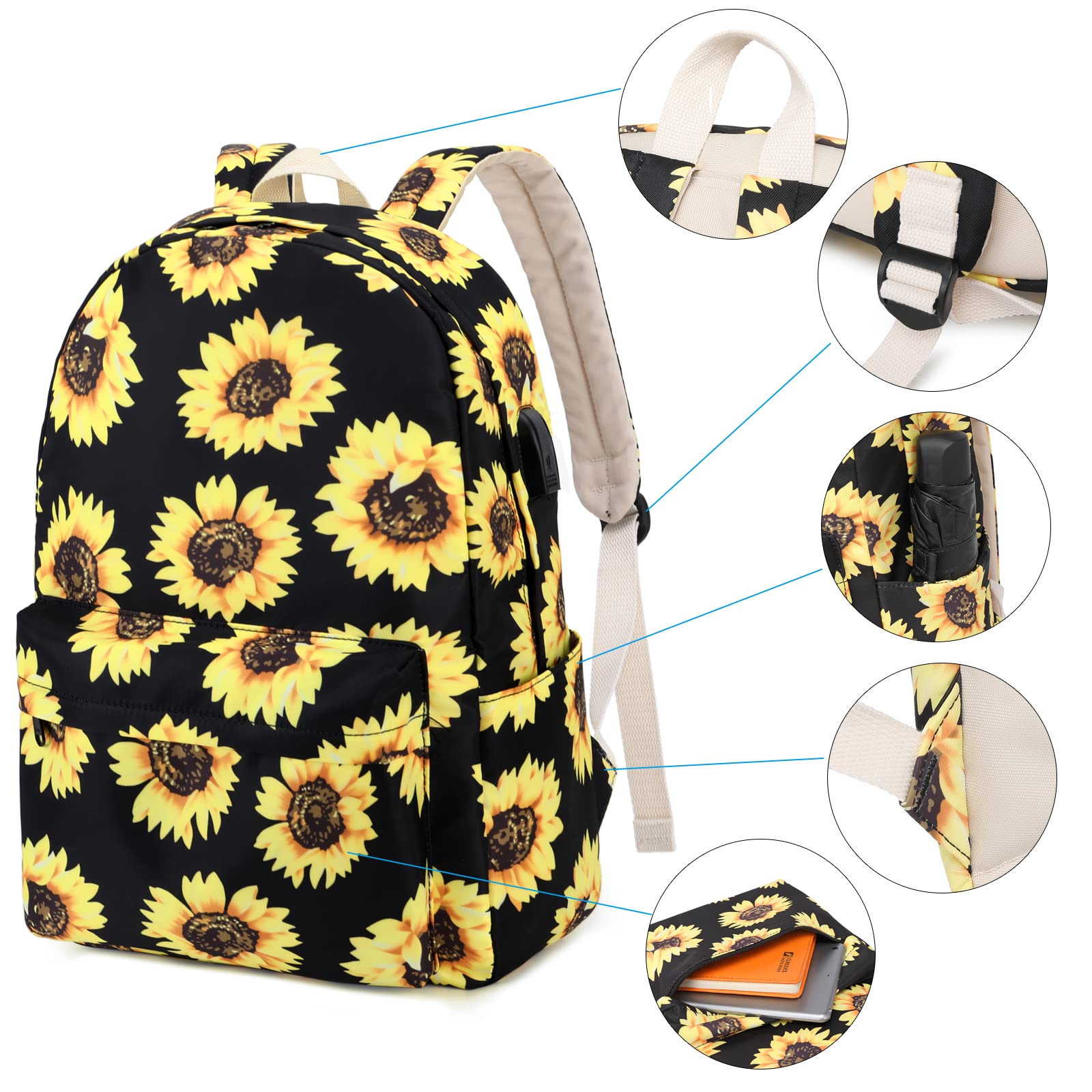 EZYCOK School Bookbag for College Girls Women, Water Resistant Laptop Backpack Casual Daypack with USB Charging Port, Sunflower