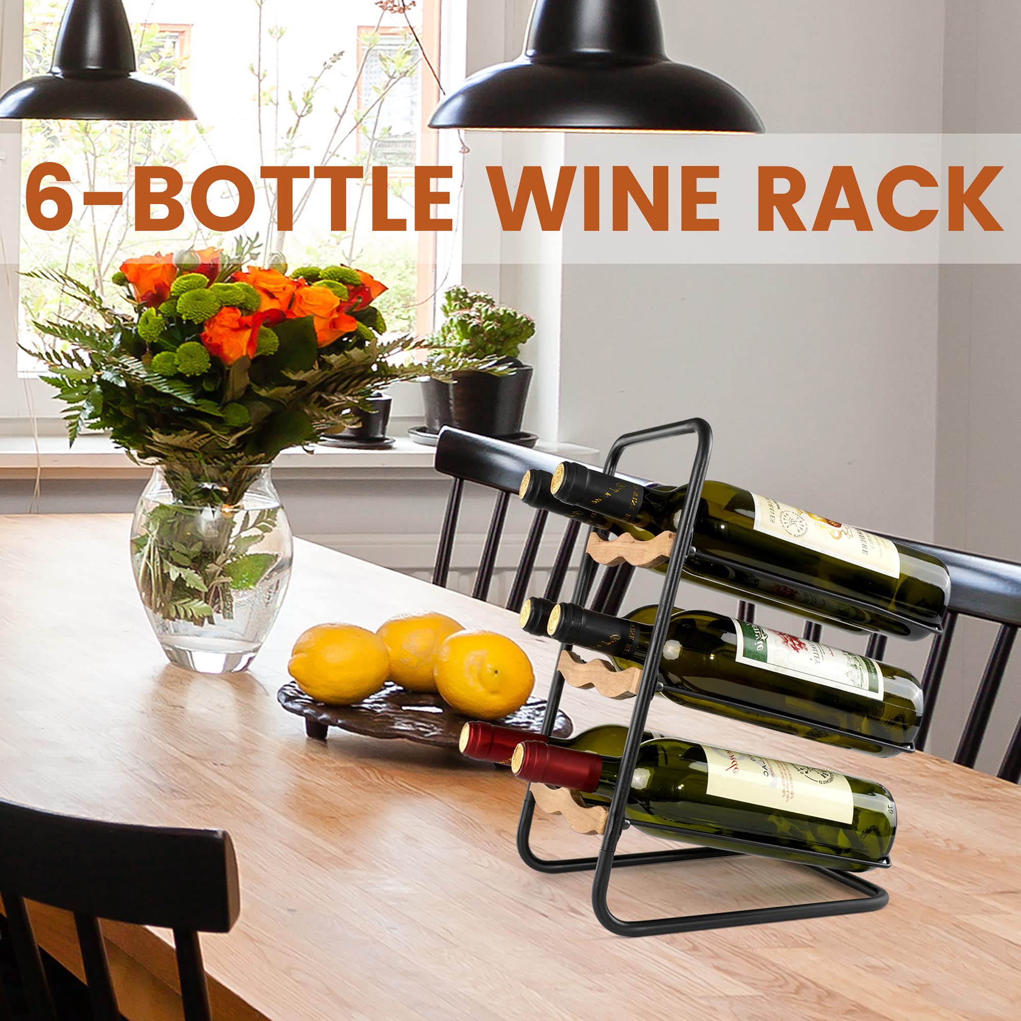 YANGSHUO Wine Rack Countertop, 3-Tier Freestanding Wine Holder for 6 Wine Bottles, Wooden Wine Storage Rack for Kitchen Bar, Dining Room, Living Room