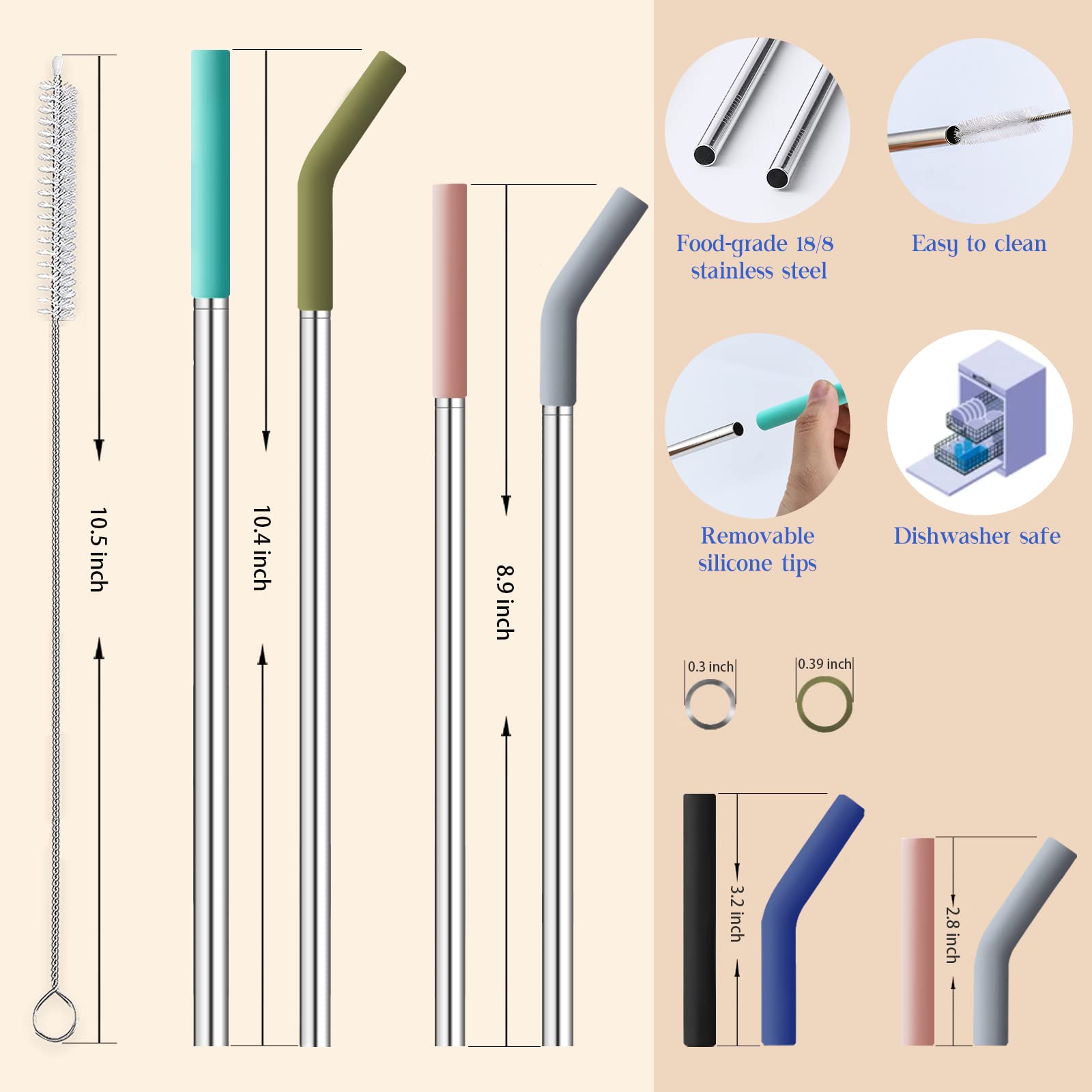 12-Pcs Reusable Metal Straws with Silicone Tips, Stainless Steel Drinking Straws with 3 Cleaning Brushes & 1 Portable Bag- Perfect for 30 oz and 20 oz Tumblers