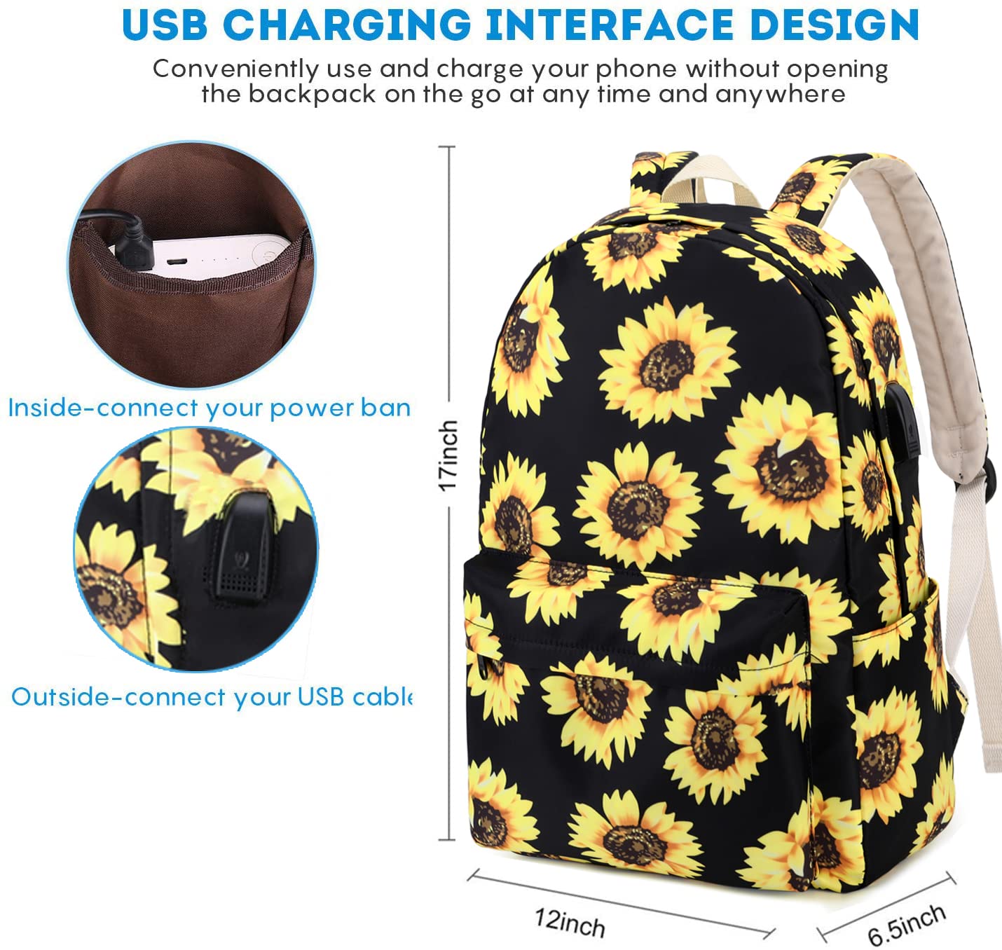 EZYCOK School Bookbag for College Girls Women, Water Resistant Laptop Backpack Casual Daypack with USB Charging Port, Sunflower