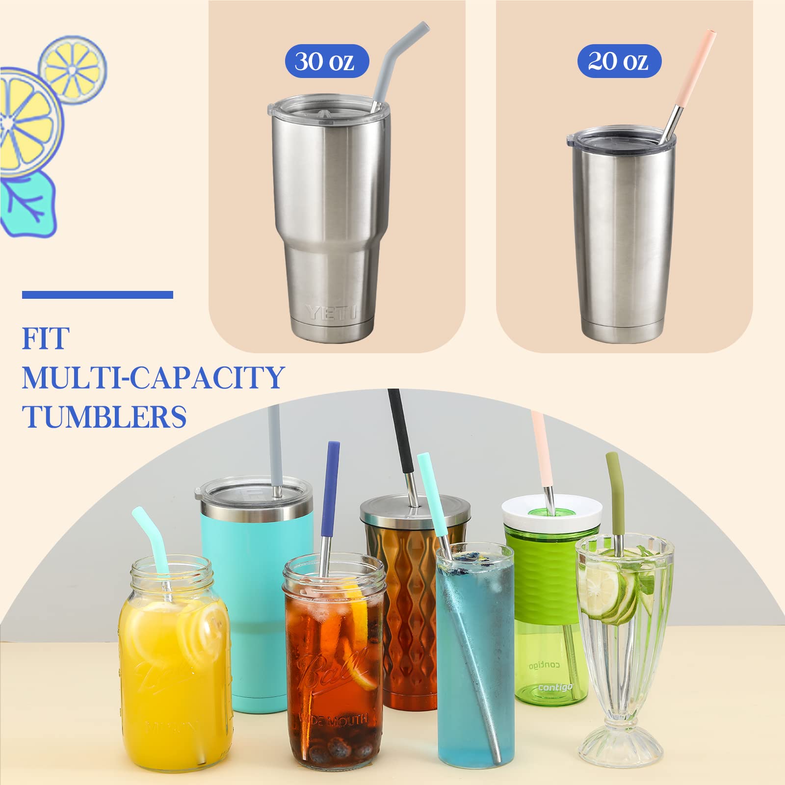 12-Pcs Reusable Metal Straws with Silicone Tips, Stainless Steel Drinking Straws with 3 Cleaning Brushes & 1 Portable Bag- Perfect for 30 oz and 20 oz Tumblers