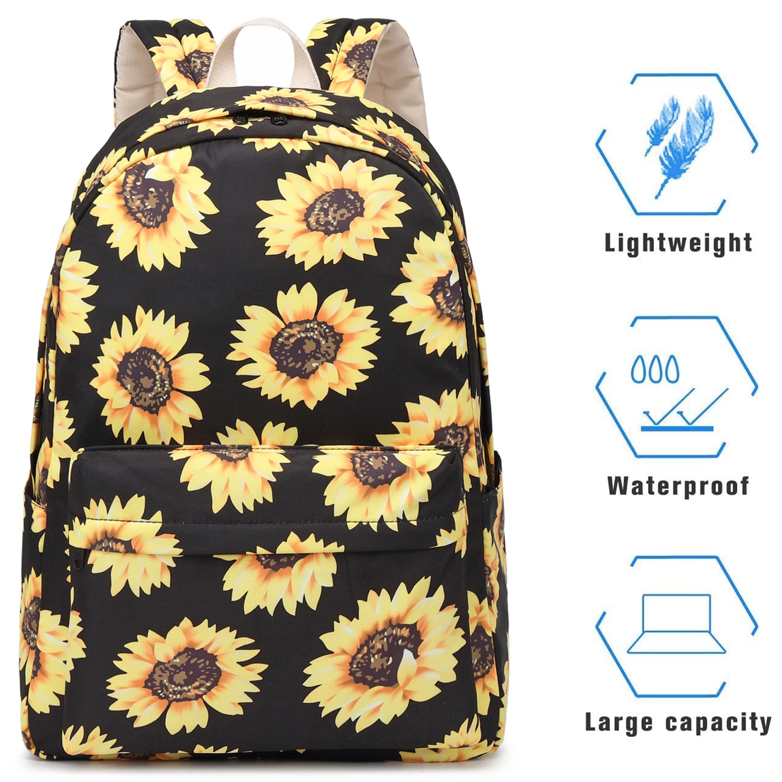 EZYCOK School Bookbag for College Girls Women, Water Resistant Laptop Backpack Casual Daypack with USB Charging Port, Sunflower