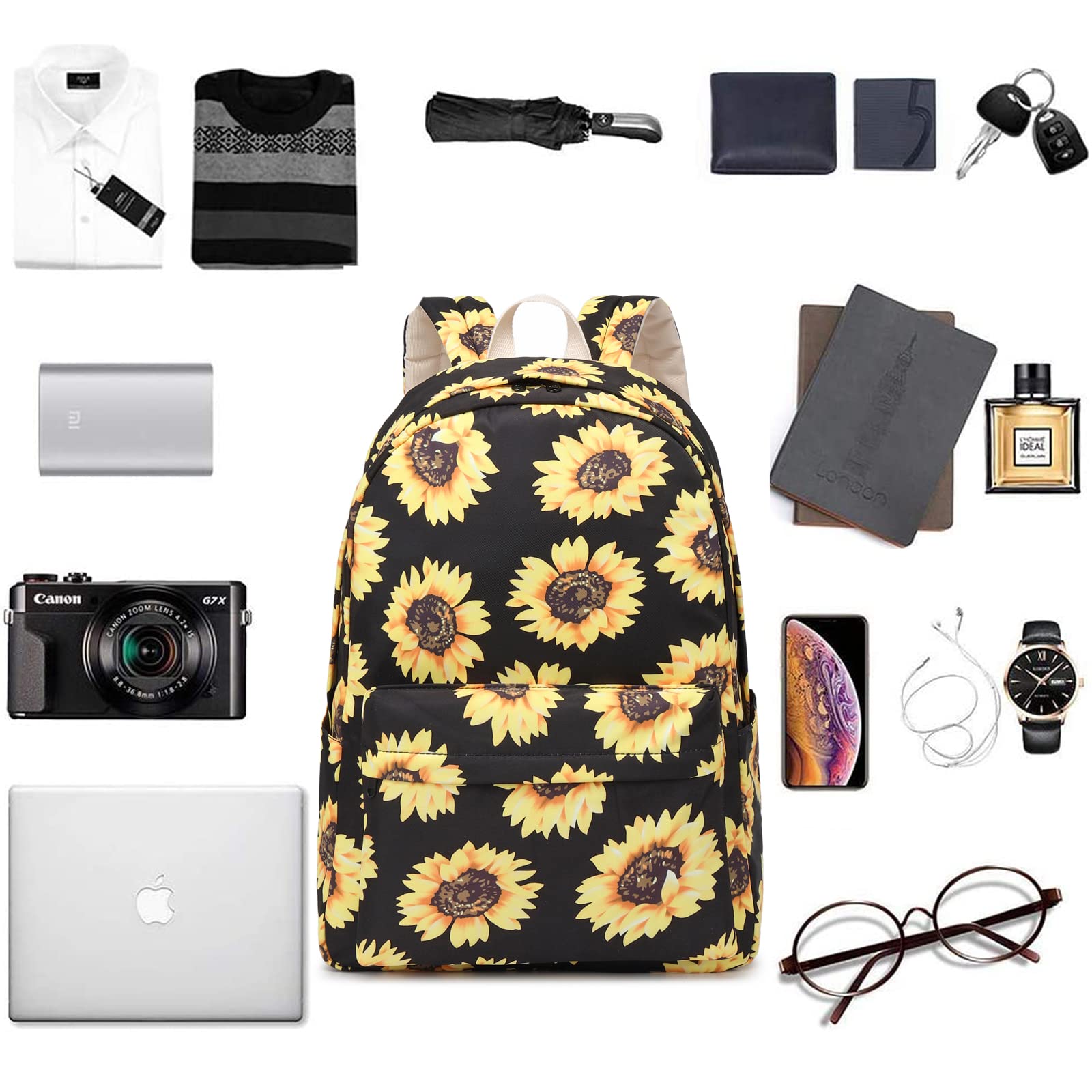EZYCOK School Bookbag for College Girls Women, Water Resistant Laptop Backpack Casual Daypack with USB Charging Port, Sunflower