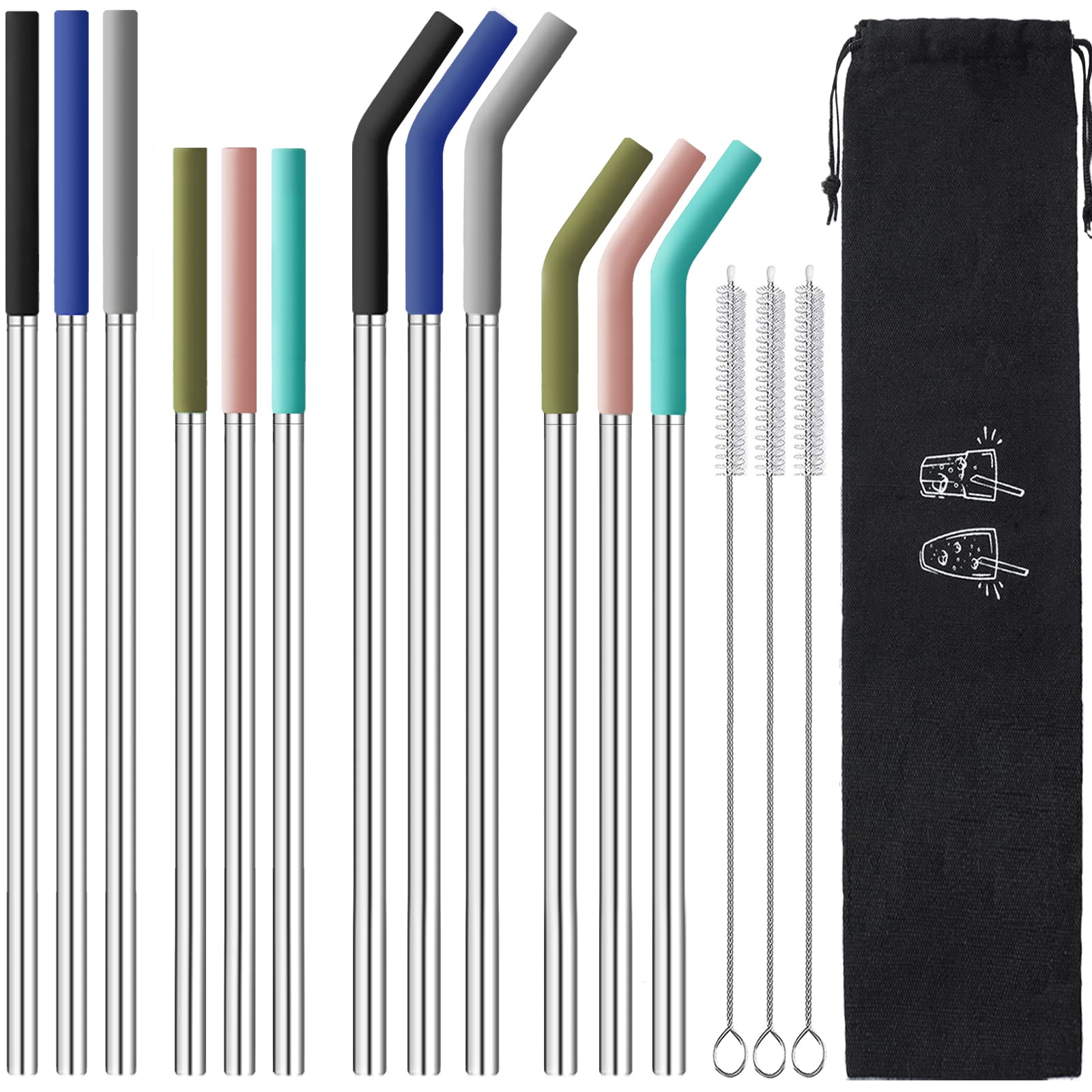 12-Pcs Reusable Metal Straws with Silicone Tips, Stainless Steel Drinking Straws with 3 Cleaning Brushes & 1 Portable Bag- Perfect for 30 oz and 20 oz Tumblers