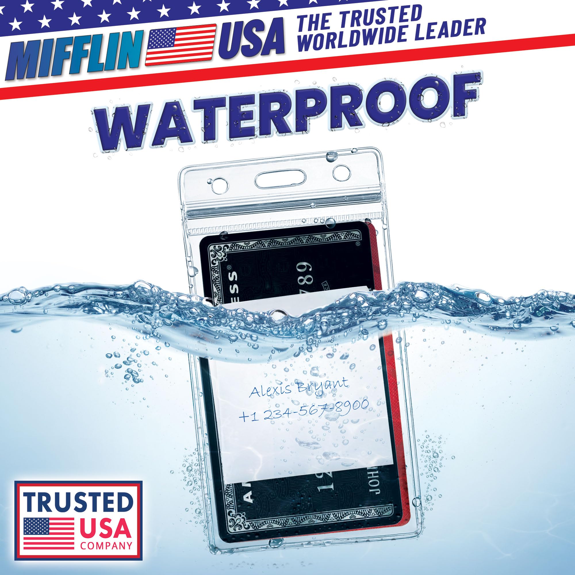 Mifflin-USA Plastic Waterproof ID Badge Holders (Clear, 2.25x3.5 Inch, 100 Pack), Vertical Hanging Name Card Holder with Zipper, Resealable Bulk Nametag Holders