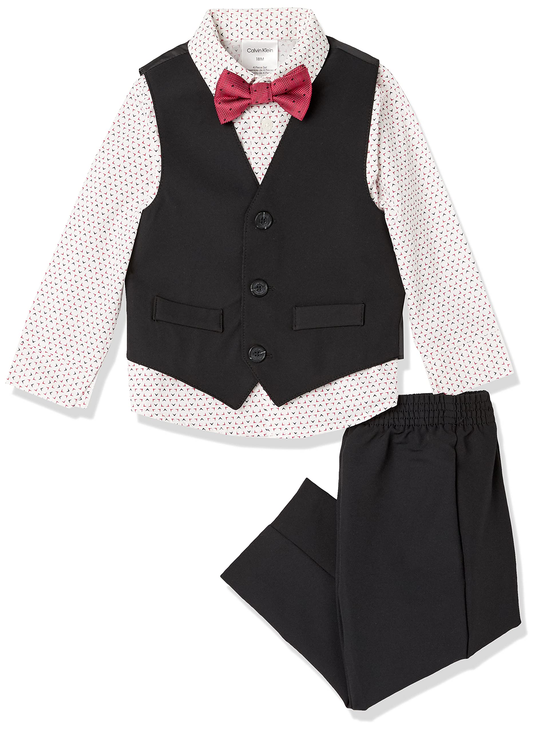 Calvin Klein Baby Boy's 4-Piece Formal Set, Includes Dress Shirt with Bow Tie, Suit Vest & Dress Pants, Black Performance