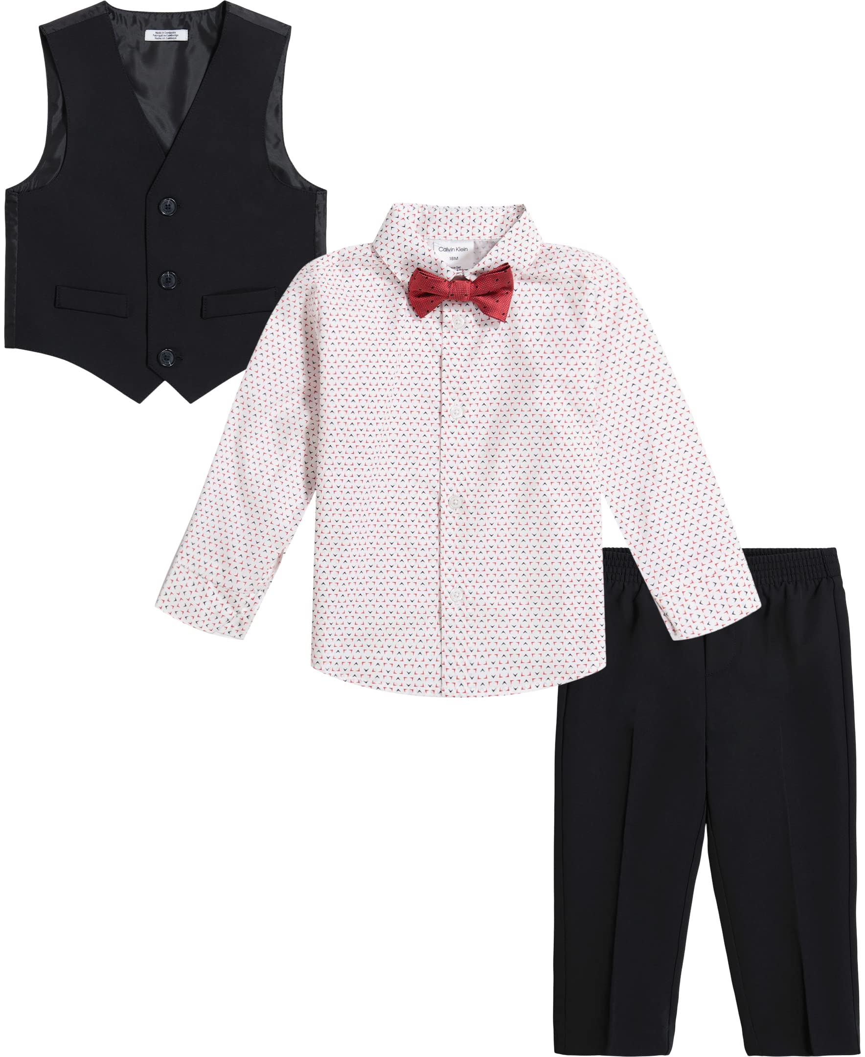 Calvin Klein Baby Boy's 4-Piece Formal Set, Includes Dress Shirt with Bow Tie, Suit Vest & Dress Pants, Black Performance