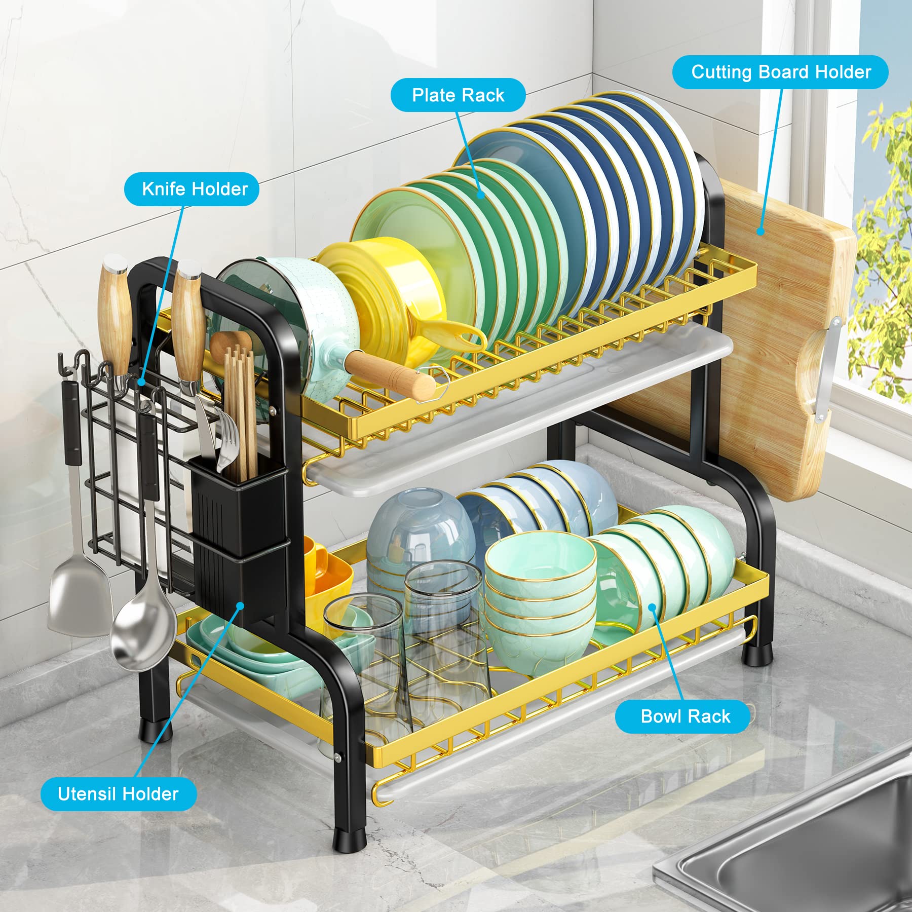 Nicous 2 Tier Dish Drying Rack, Dish Rack with Drainboard, Utensil Holder and Cutting Board Holder, 304 Stainless Steel Dish Drainer for Kitchen Counter (Black & Gold )