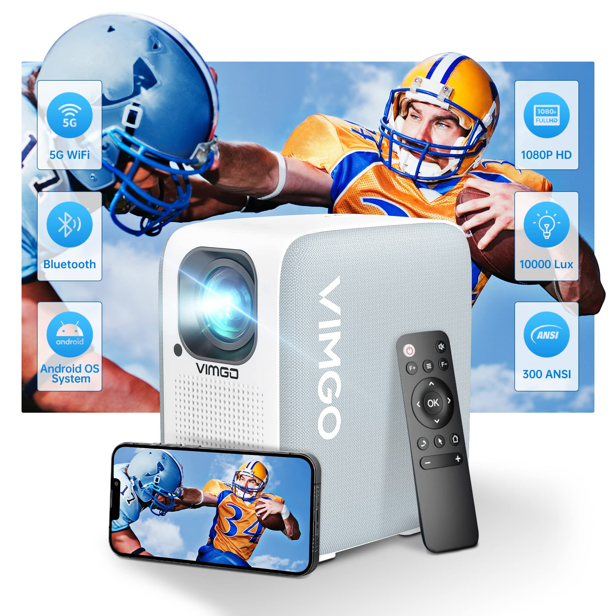 Projector with WiFi and Bluetooth, Native 1080P Portable Projector 4K Supported 120" Display for Home Outdoor, LED Smart Movie Projector Compatible with iOS/Android/PS5/TV Stick/Xbox