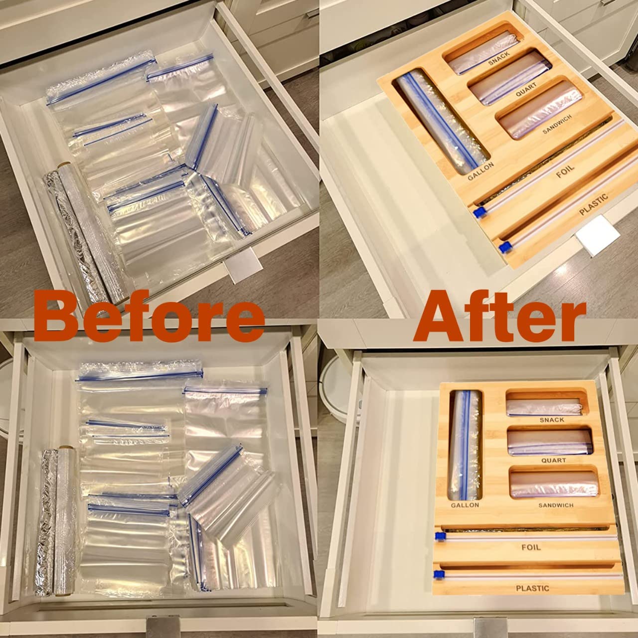 YoBa Bamboo Ziplock Bag Organizer for Drawer with Plastic Wrap Dispenser, Compatible with Gallon, Quart, Sandwich, Snack and Aluminum Foil Roll