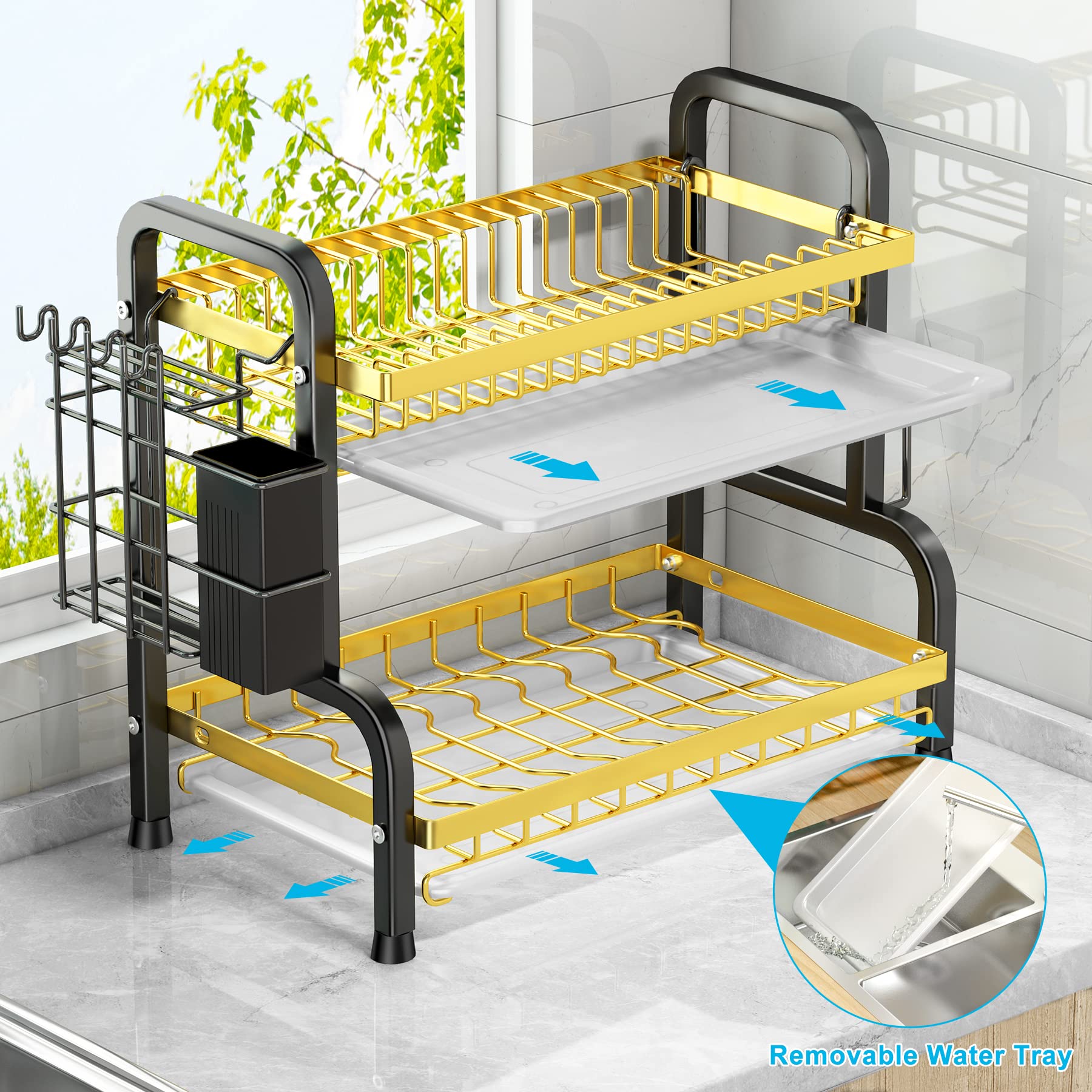 Nicous 2 Tier Dish Drying Rack, Dish Rack with Drainboard, Utensil Holder and Cutting Board Holder, 304 Stainless Steel Dish Drainer for Kitchen Counter (Black & Gold )