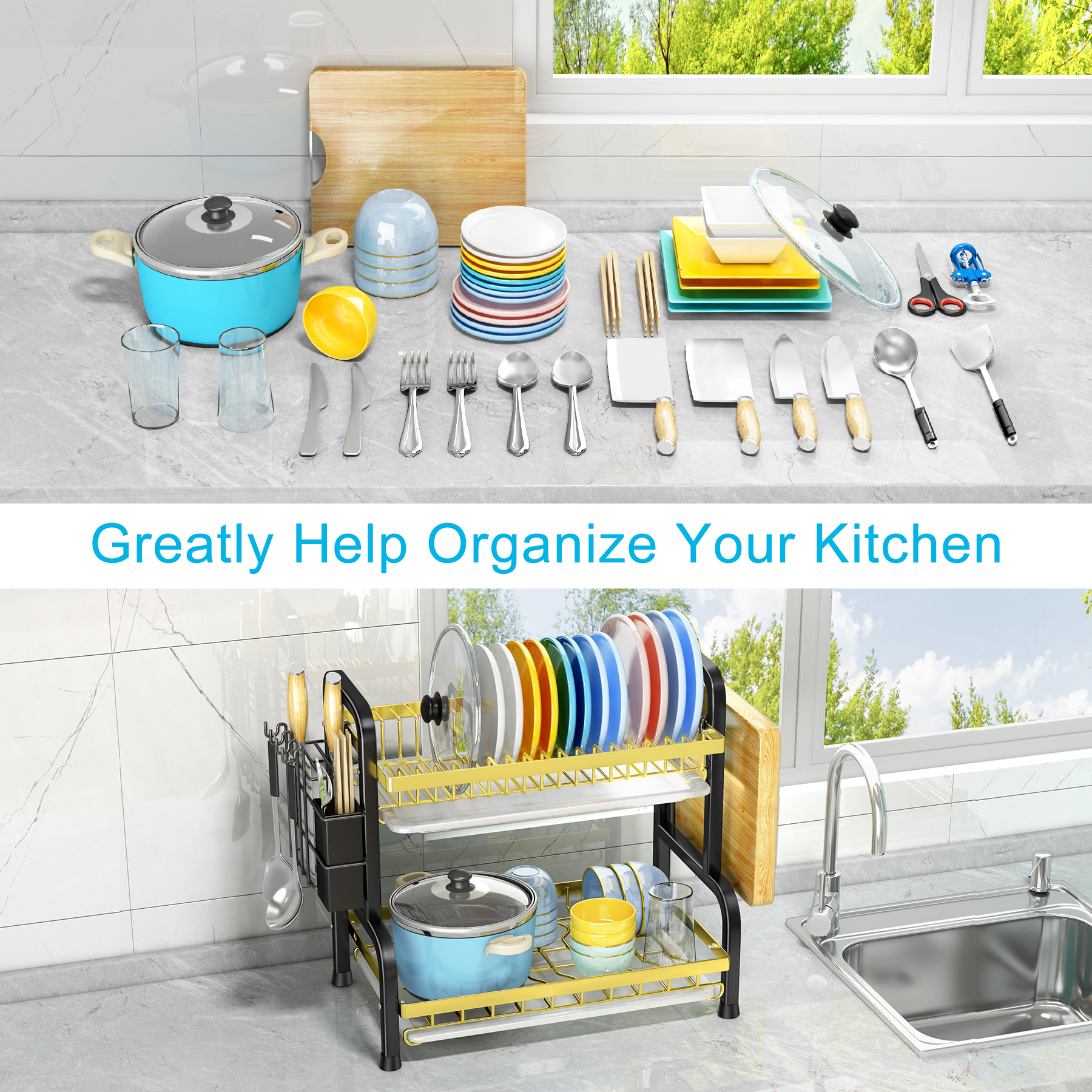Nicous 2 Tier Dish Drying Rack, Dish Rack with Drainboard, Utensil Holder and Cutting Board Holder, 304 Stainless Steel Dish Drainer for Kitchen Counter (Black & Gold )