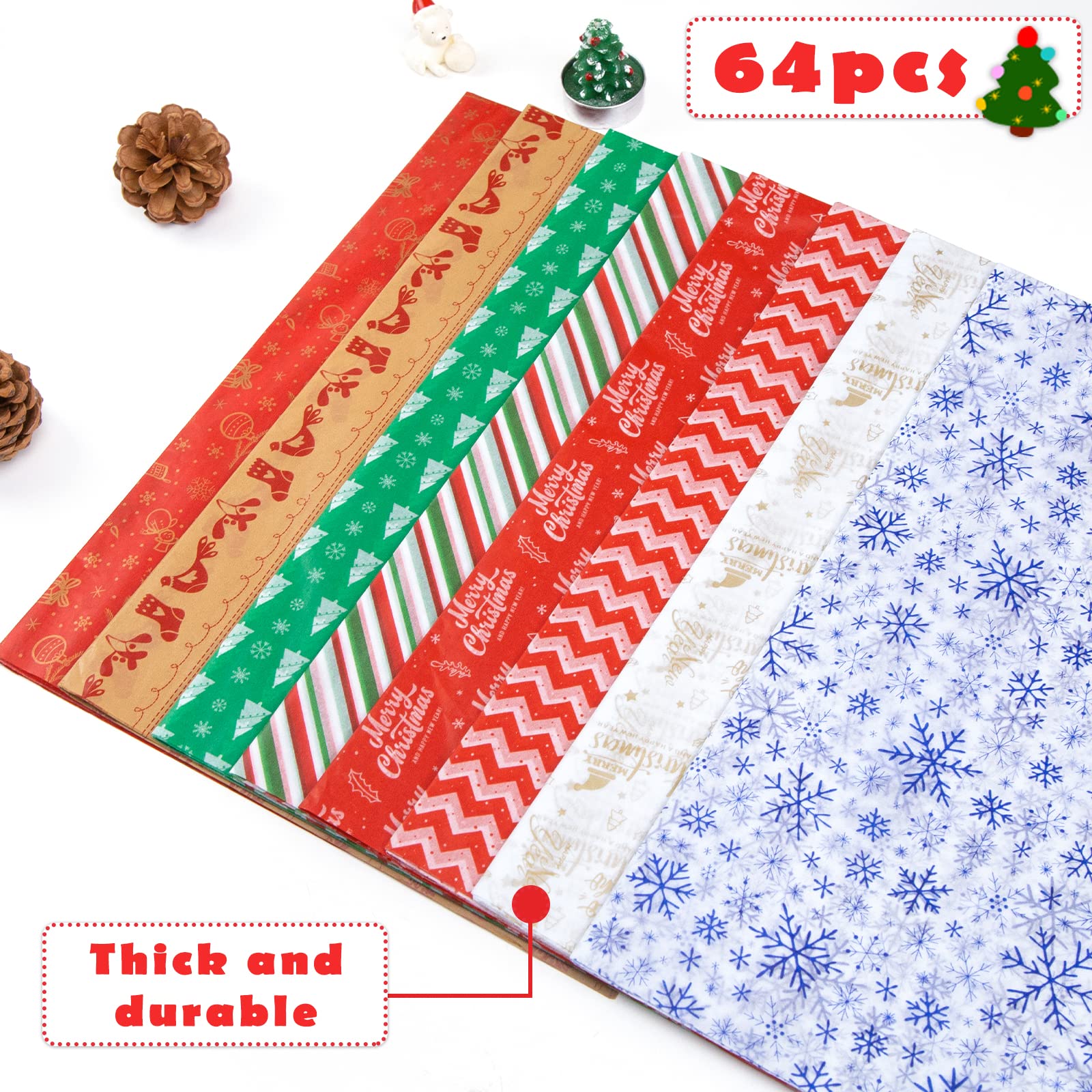 Shindel Christmas Tissue Paper Gift Wrapping Paper, 64 Sheets Assorted Holiday Wrapping Paper for Gift Boxes Wrapping and Christmas Party Decorations, 28 x 20 Inch