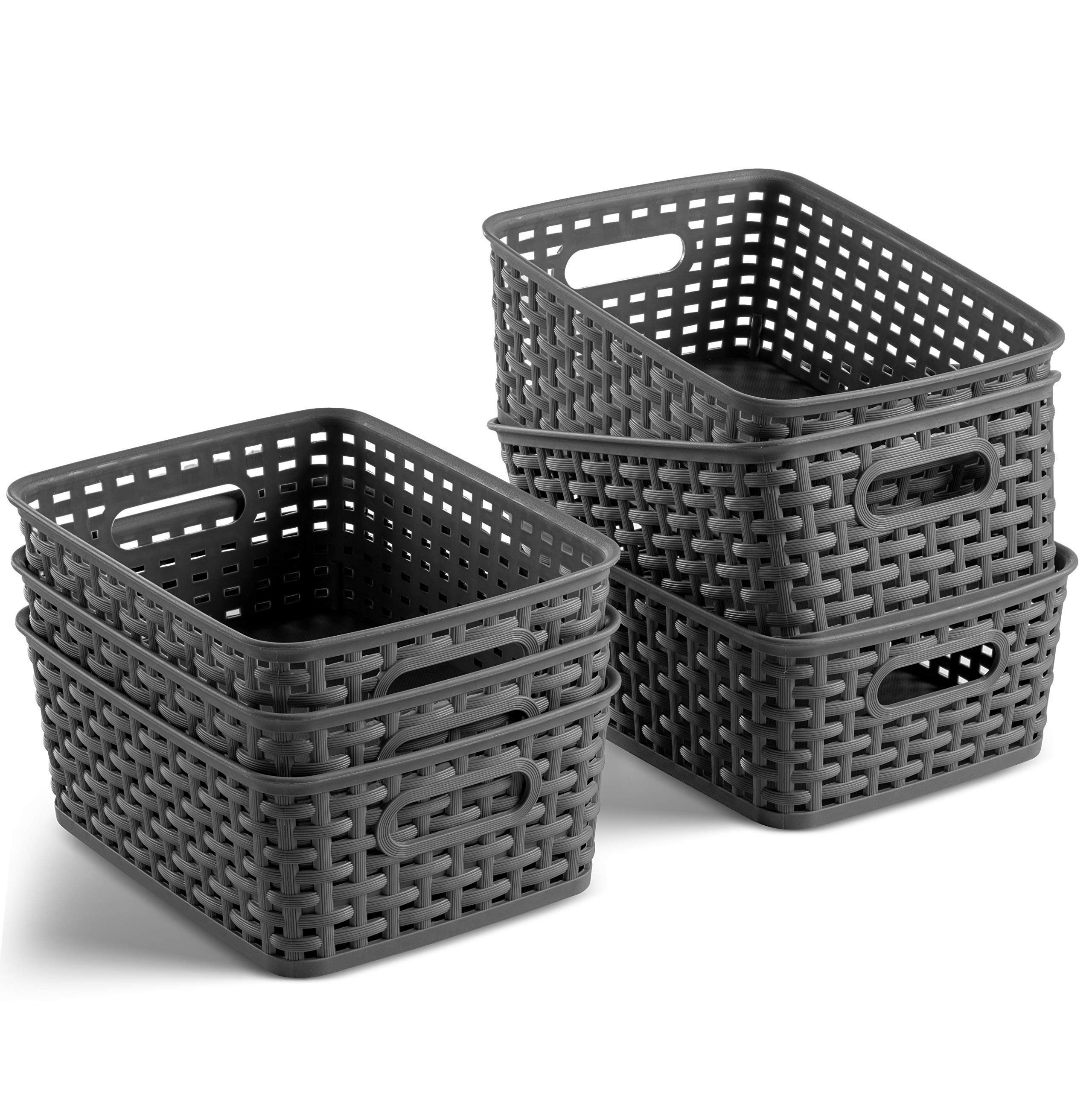 Set of 6 Plastic Storage Baskets - Small Pantry Organizer Basket Bins - Household Organizers with Cutout Handles for Kitchen Organization, Countertops, Cabinets, Bedrooms, and Bathrooms