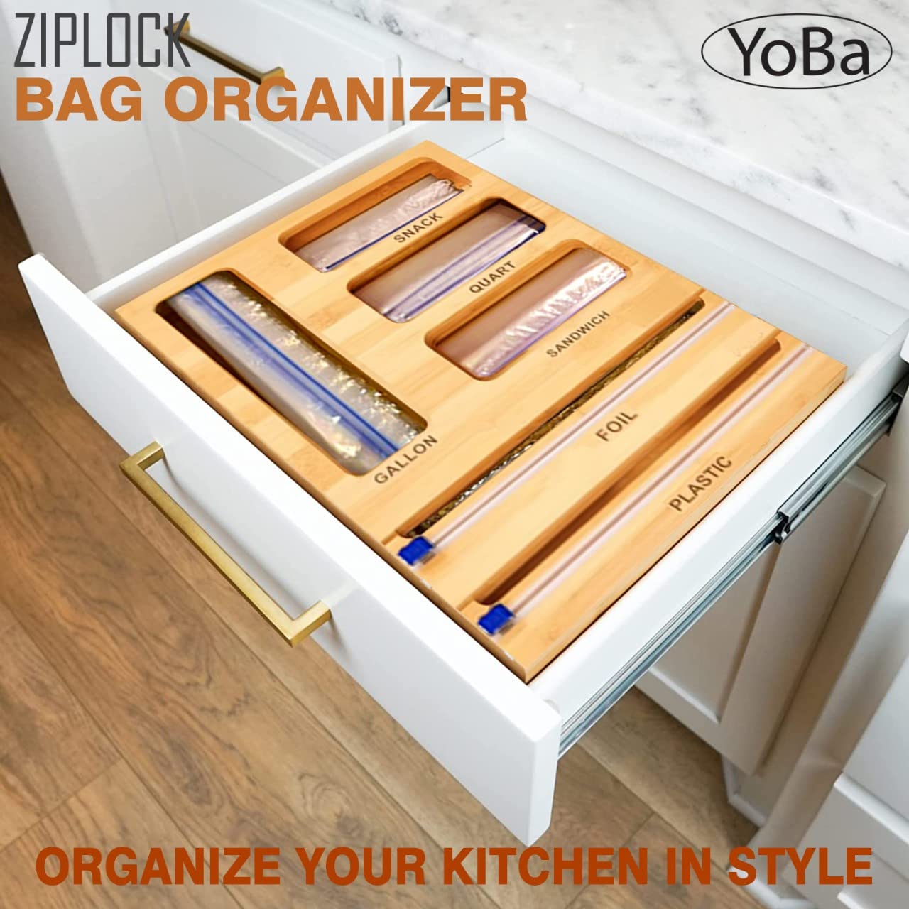 YoBa Bamboo Ziplock Bag Organizer for Drawer with Plastic Wrap Dispenser, Compatible with Gallon, Quart, Sandwich, Snack and Aluminum Foil Roll