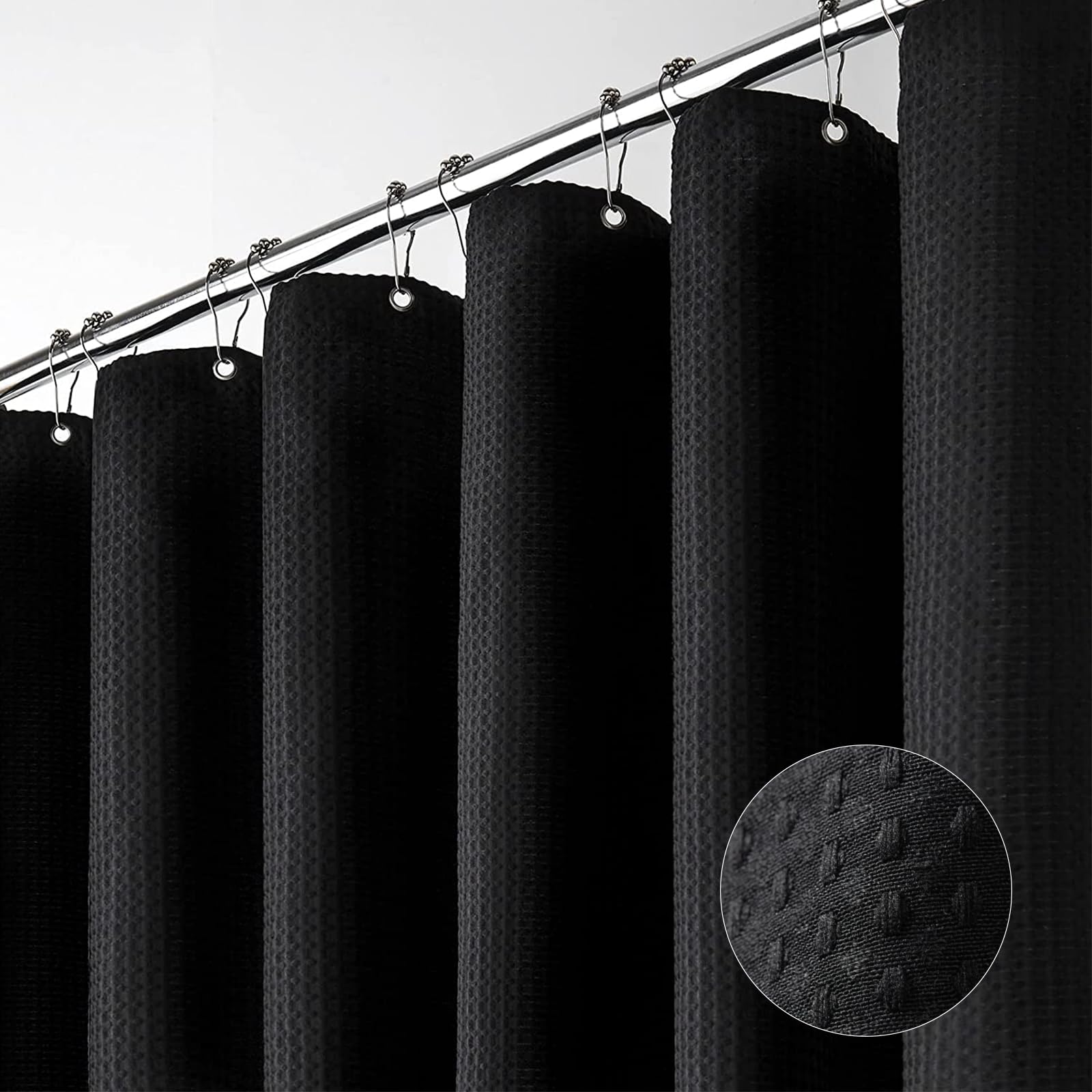 Dynamene Black Fabric Shower Curtain - Waffle Textured Heavy Duty Cloth Shower Curtains for Bathroom, 256GSM Hotel Spa Luxury Weighted Polyester Bath Curtain Set with 12 Plastic Hooks(72Wx72H, Black)