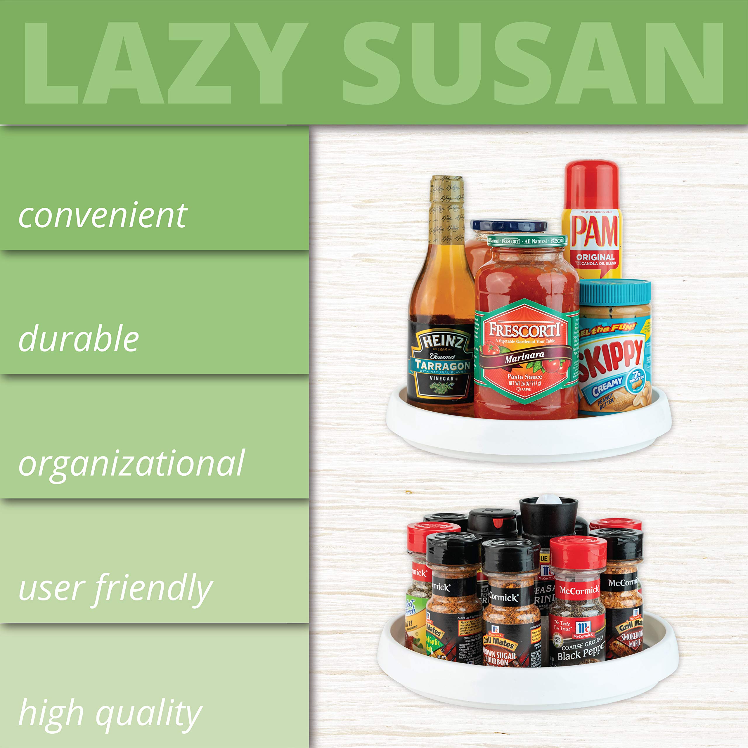 Homeries Lazy Susan Turntable (12 Inches) - Single Round Rotating Kitchen Spice Organizer for Cabinets, Pantry, Bathroom, Refrigerator - Non-Skid Surface & Rimmed Edge 2 Pack