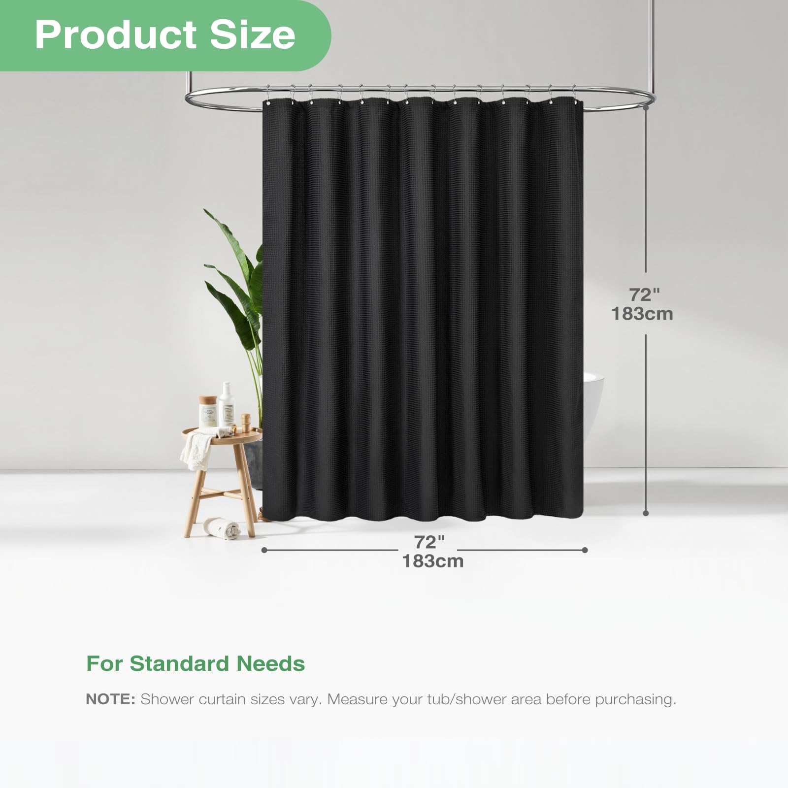 Dynamene Black Fabric Shower Curtain - Waffle Textured Heavy Duty Cloth Shower Curtains for Bathroom, 256GSM Hotel Spa Luxury Weighted Polyester Bath Curtain Set with 12 Plastic Hooks(72Wx72H, Black)