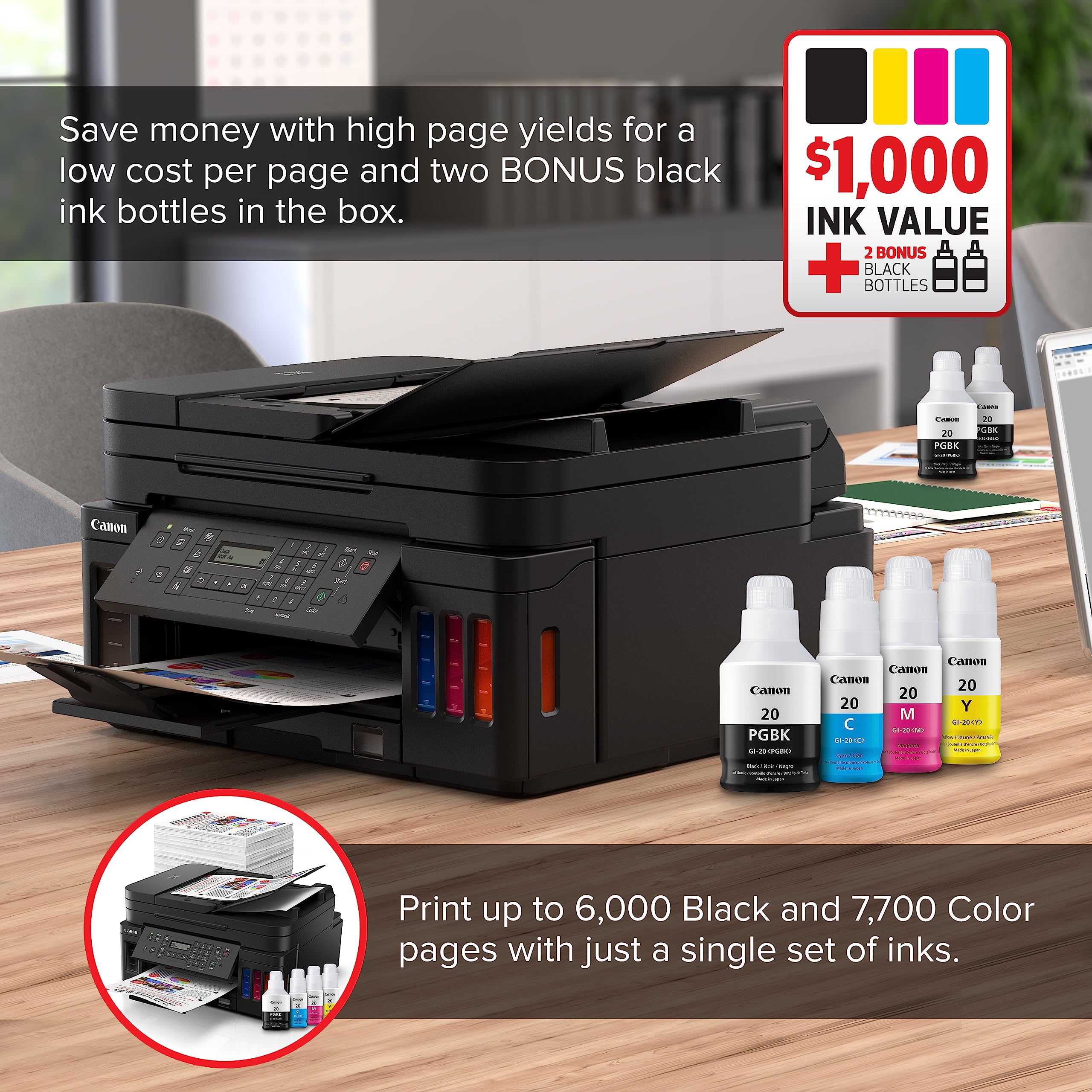 Canon G7020 All-in-One Printer Home Office | Wireless Supertank (Megatank) Printer | Copier | Scan, | Fax and ADF with Mobile Printing, Black